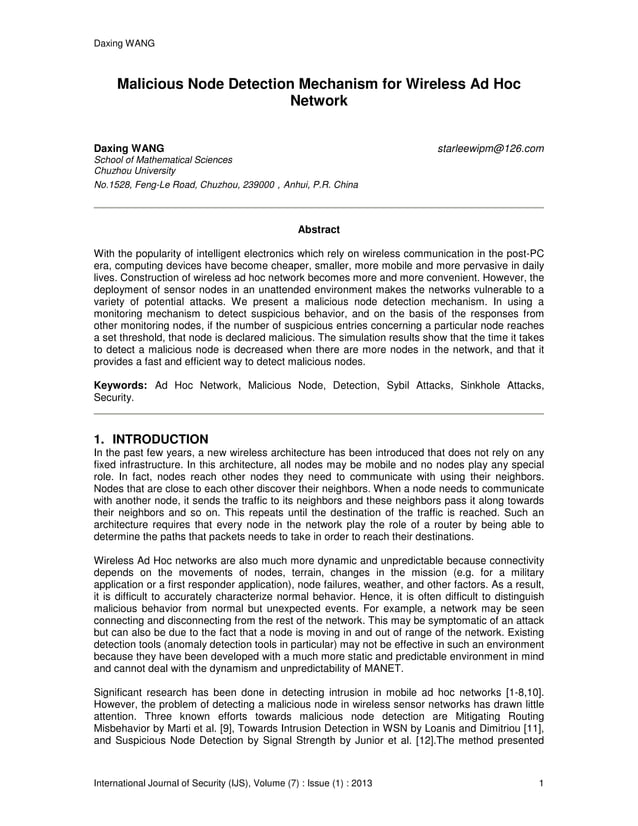 Malicious Node Detection Mechanism for Wireless Ad Hoc Network | PDF