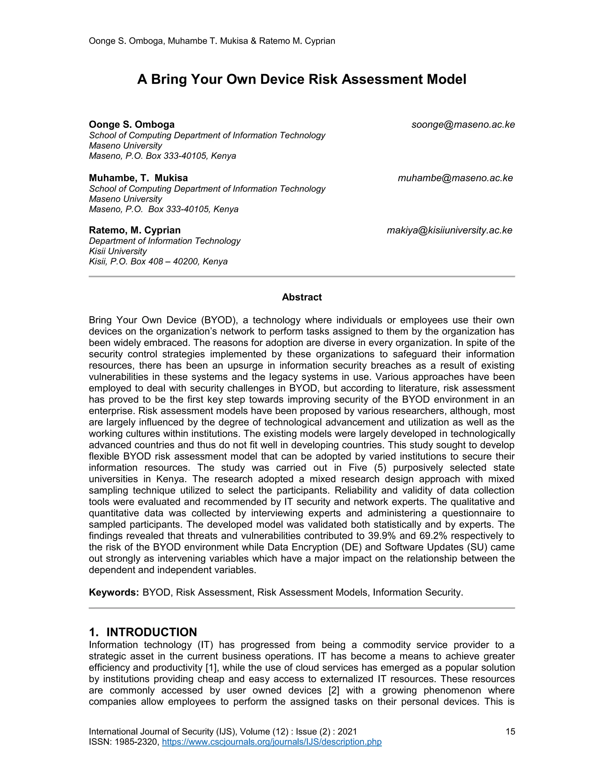 A Bring Your Own Device Risk Assessment Model | PDF