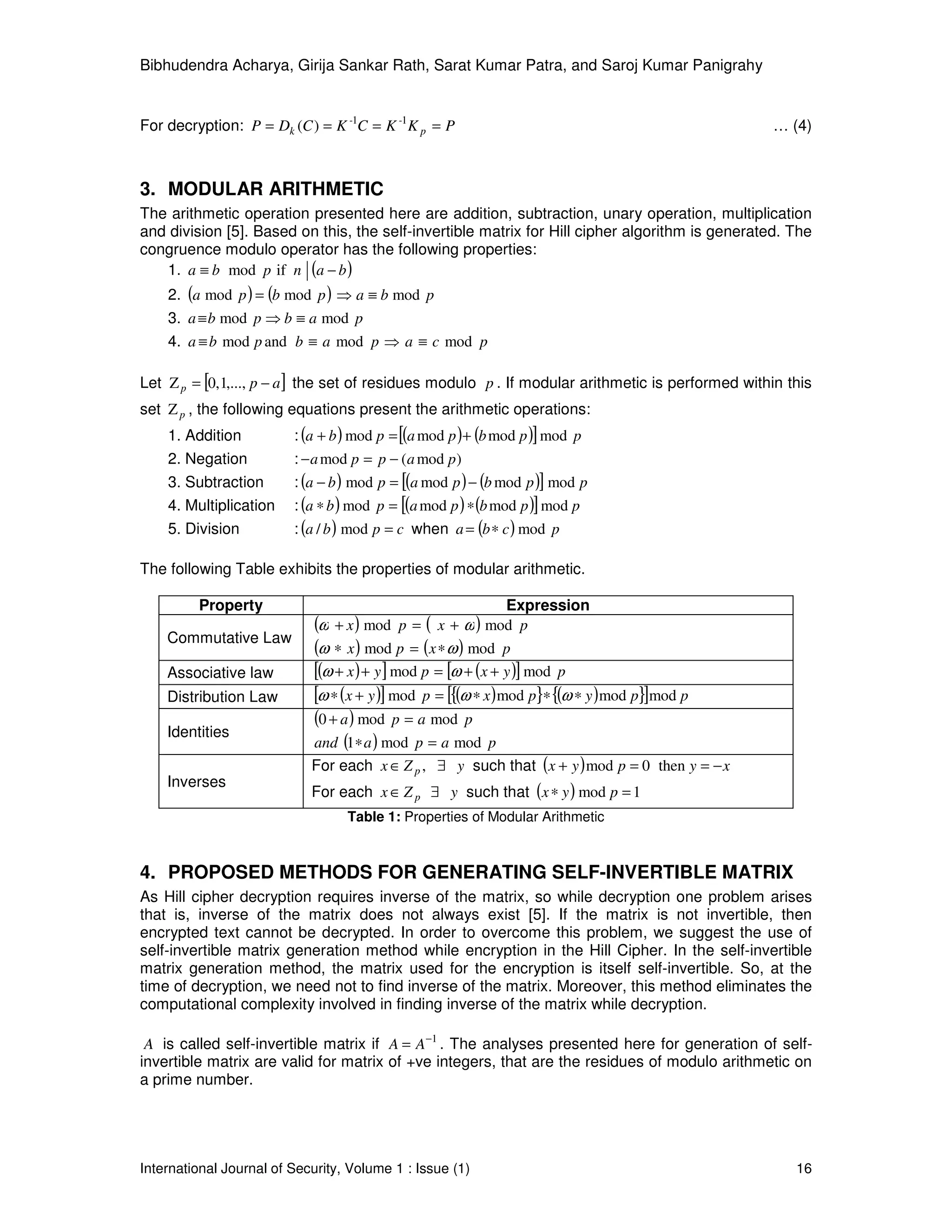 Novel Methods of Generating Self-Invertible Matrix for Hill Cipher Algorithm. | PDF