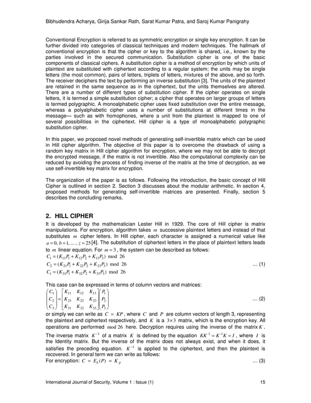 Novel Methods of Generating Self-Invertible Matrix for Hill Cipher Algorithm. | PDF