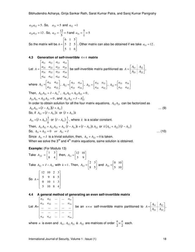 Novel Methods of Generating Self-Invertible Matrix for Hill Cipher Algorithm. | PDF