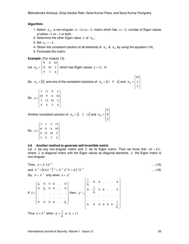Novel Methods of Generating Self-Invertible Matrix for Hill Cipher Algorithm. | PDF
