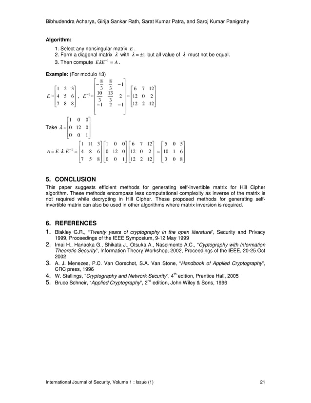 Novel Methods of Generating Self-Invertible Matrix for Hill Cipher Algorithm. | PDF