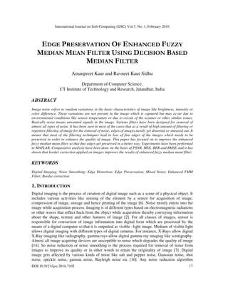 EDGE PRESERVATION OF ENHANCED FUZZY MEDIAN MEAN FILTER USING DECISION BASED MEDIAN FILTER | PDF