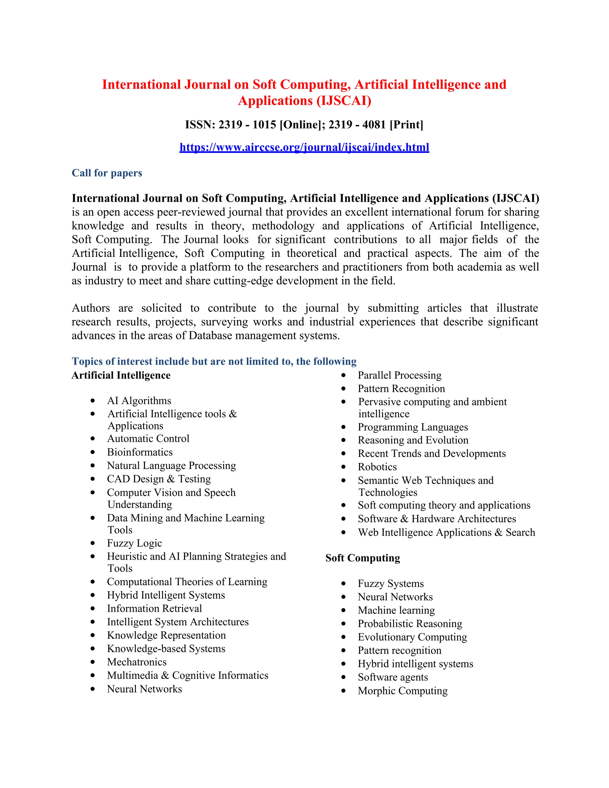 International Journal on Soft Computing, Artificial Intelligence and Applications (IJSCAI) | PDF