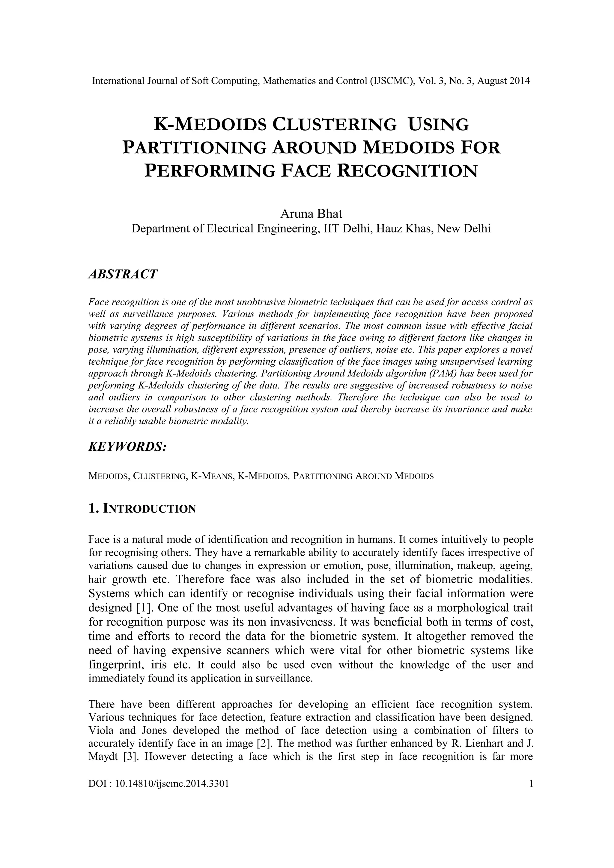 K-MEDOIDS CLUSTERING USING PARTITIONING AROUND MEDOIDS FOR PERFORMING FACE RECOGNITION | DOC