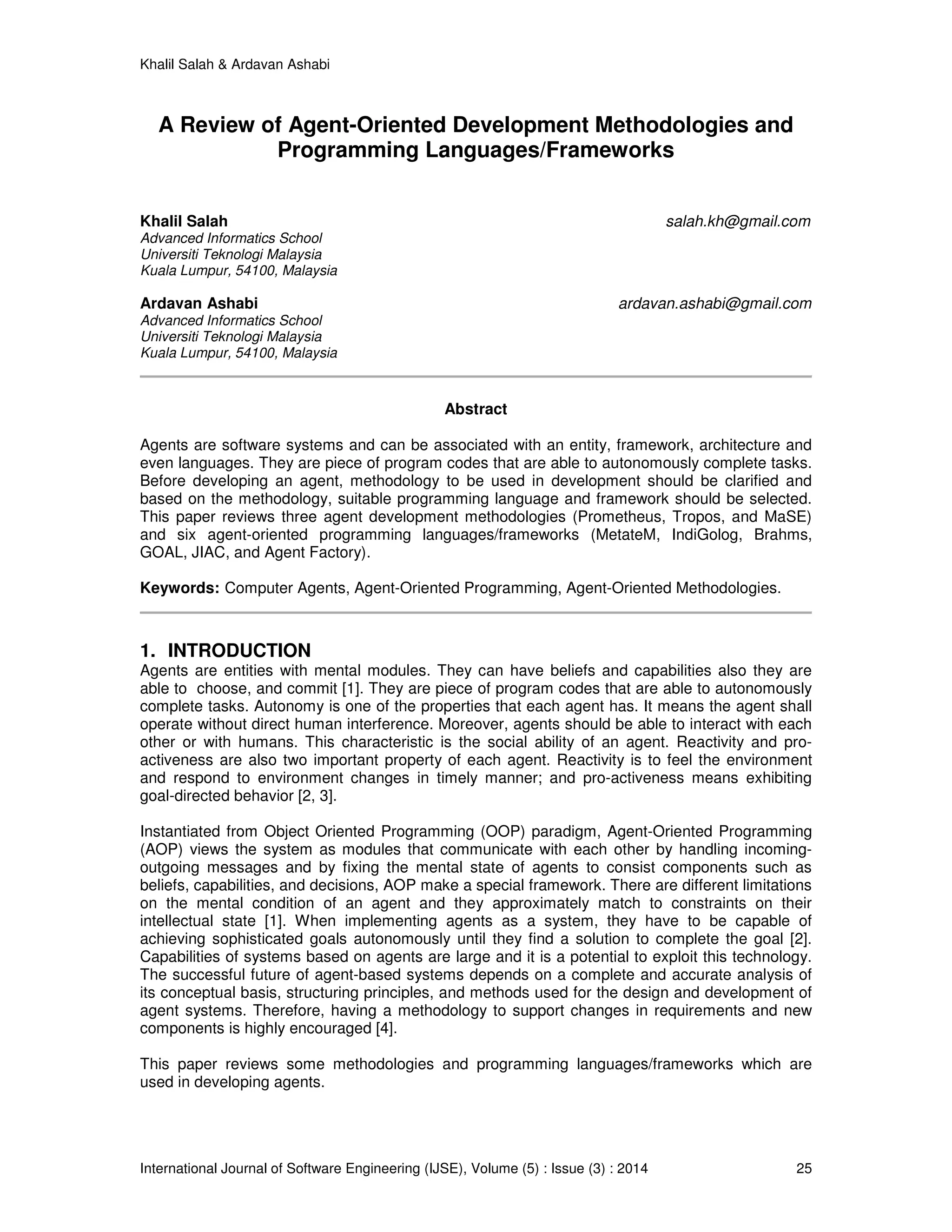 A Review Of Agent Oriented Development Methodologies And Programming Languages Frameworks Pdf