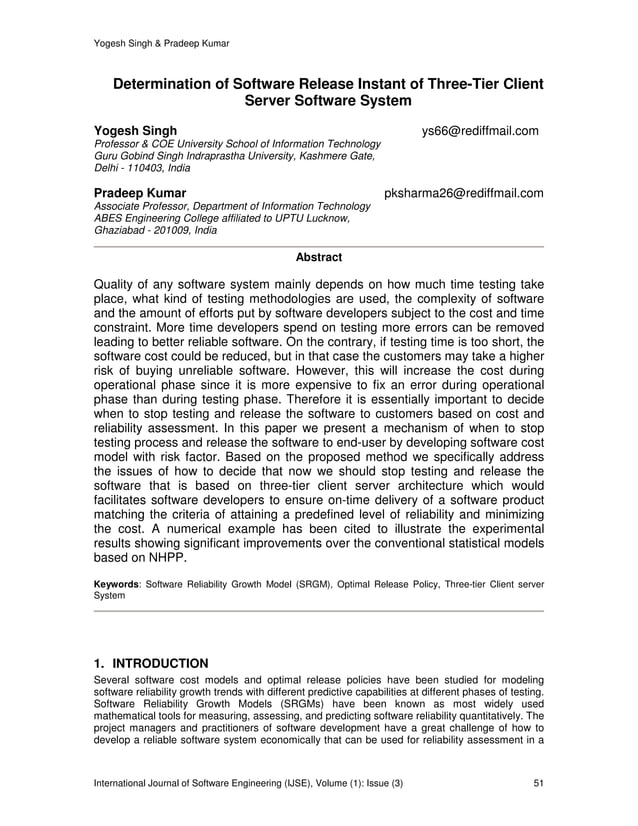 Determination of Software Release Instant of Three-Tier Client Server Software System | PDF