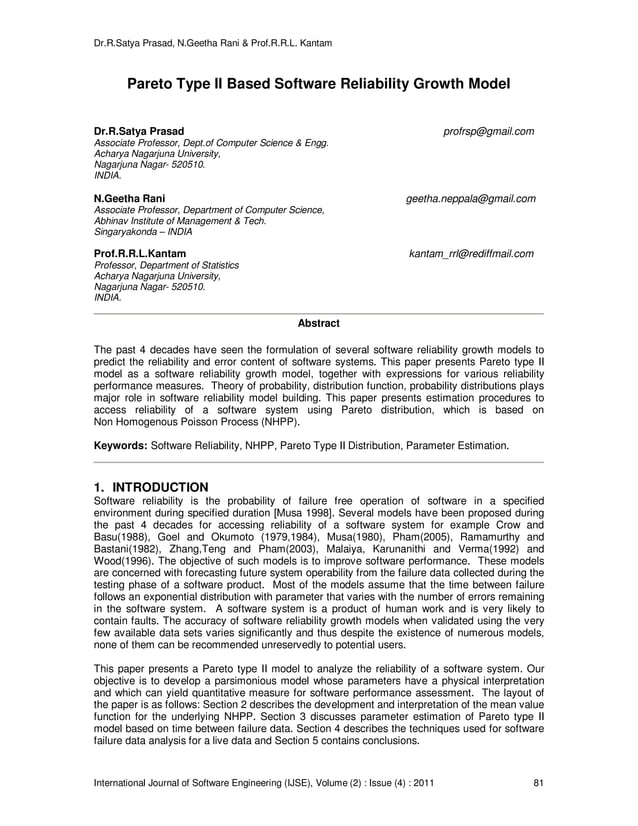 Pareto Type II Based Software Reliability Growth Model | PDF | Computer Software and ...