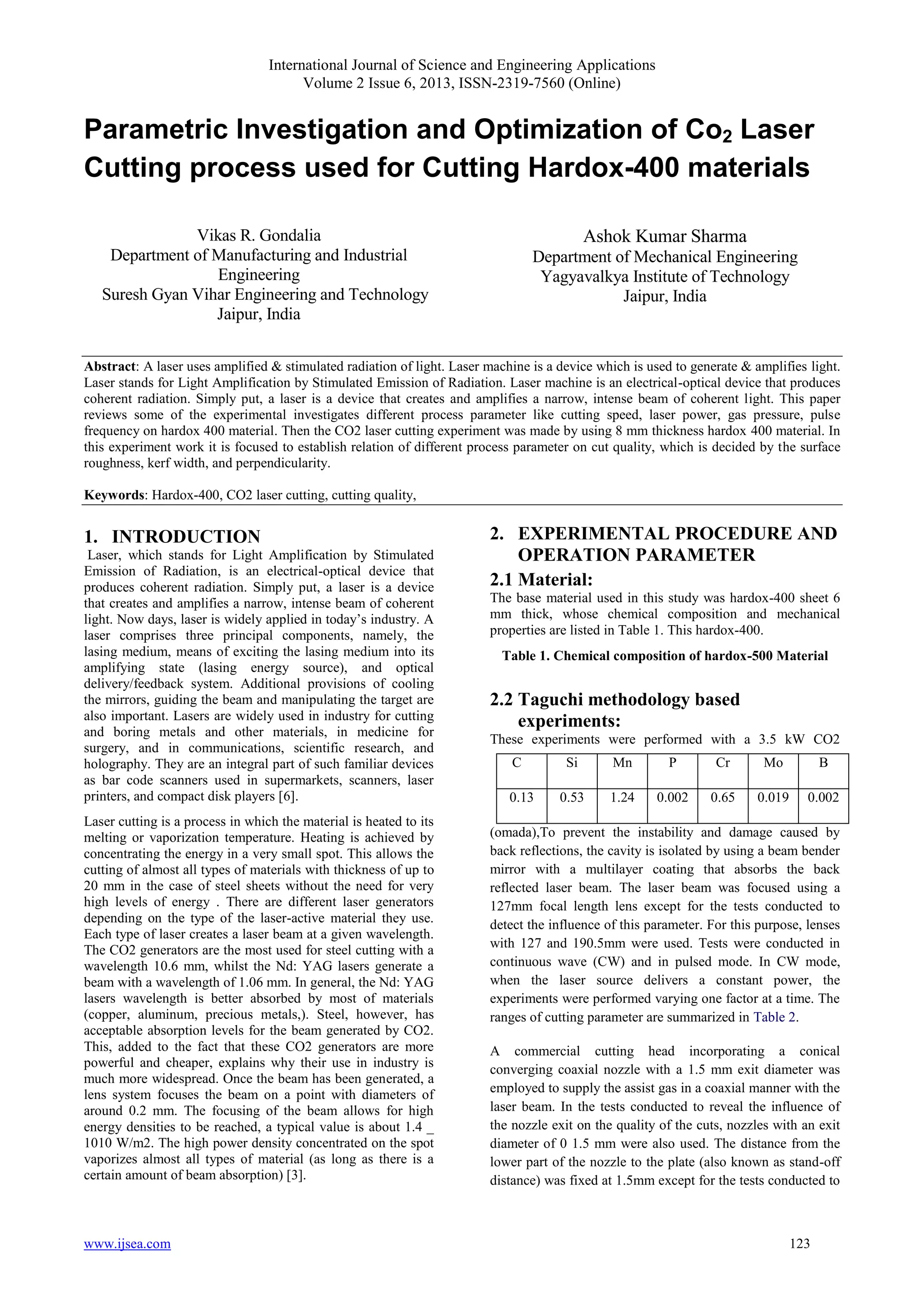 Parametric Investigation and Optimization of Co2 Laser Cutting process used for Cutting Hardox ...
