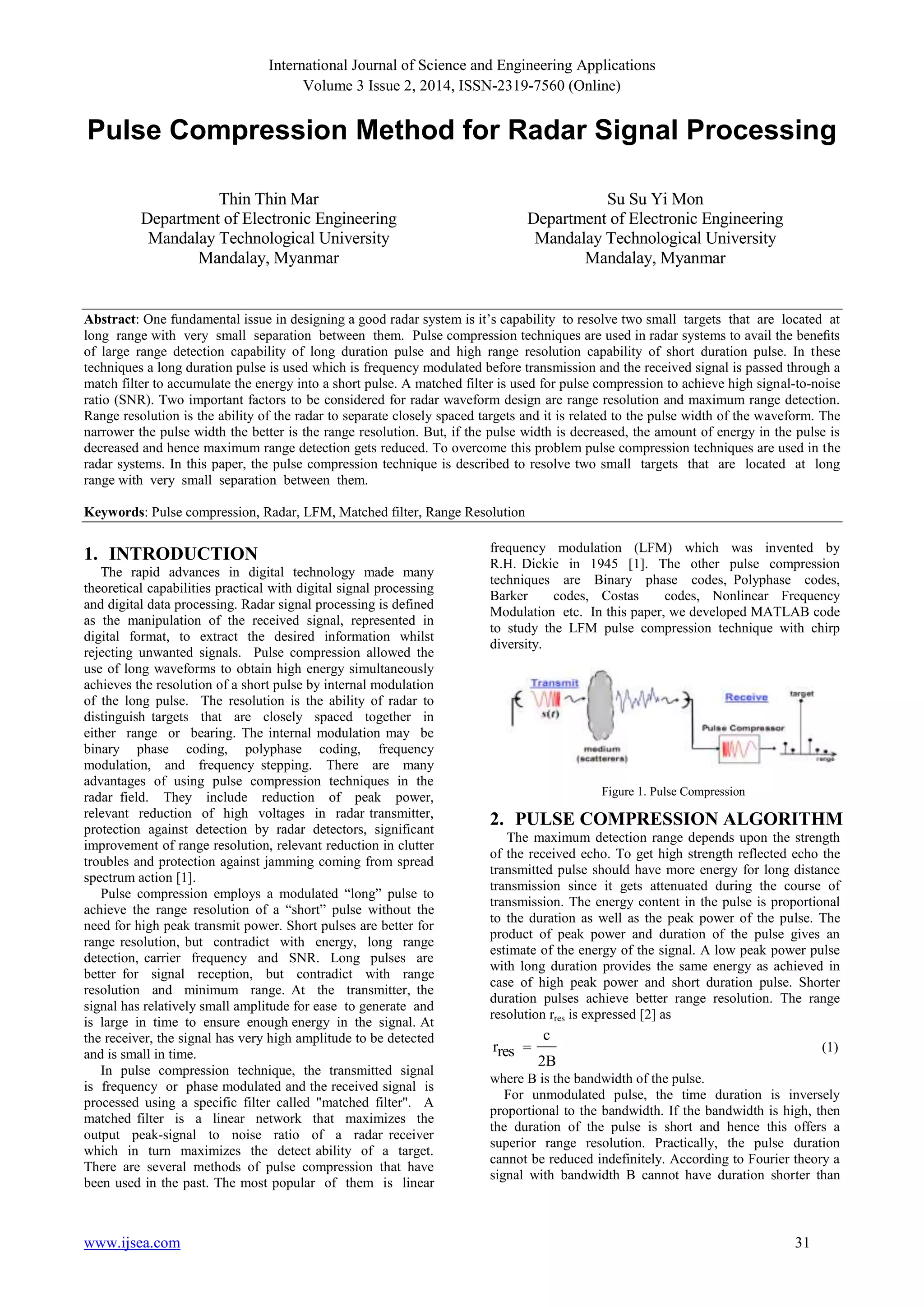 Pulse Compression Method for Radar Signal Processing | PDF