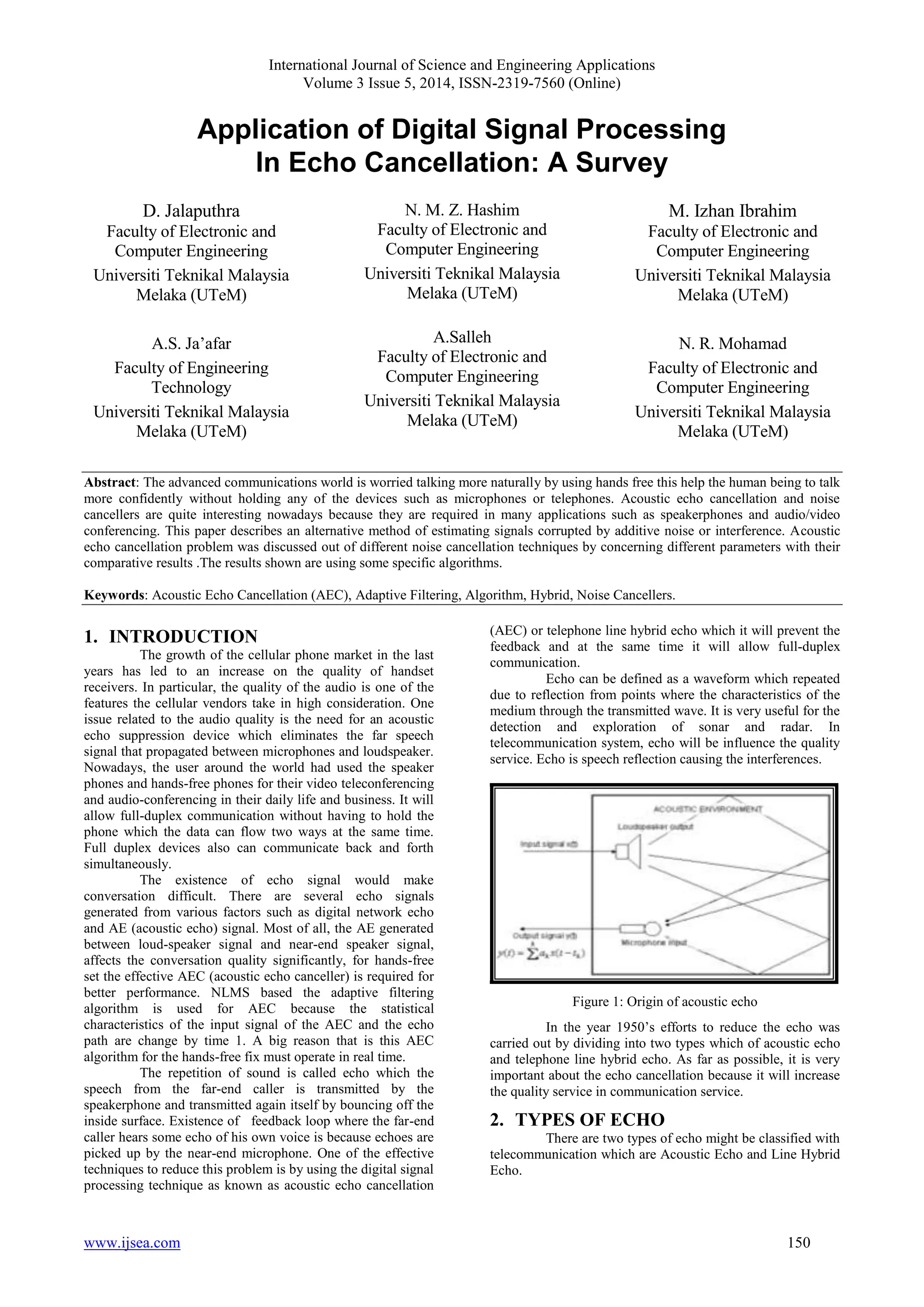 Application of Digital Signal Processing In Echo Cancellation: A Survey ...