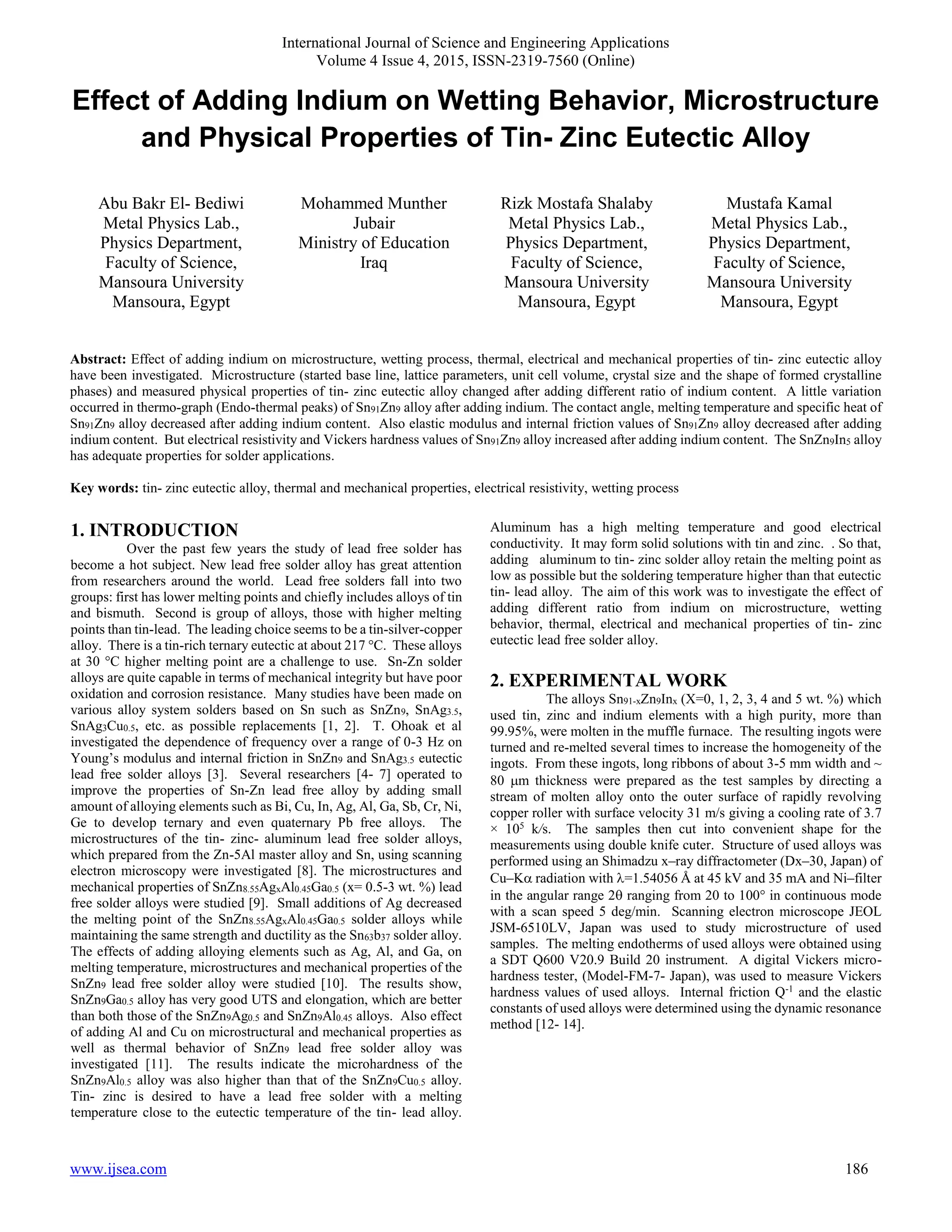 Effect Of Adding Indium On Wetting Behavior Microstructure And Physical Properties Of Tin Zinc