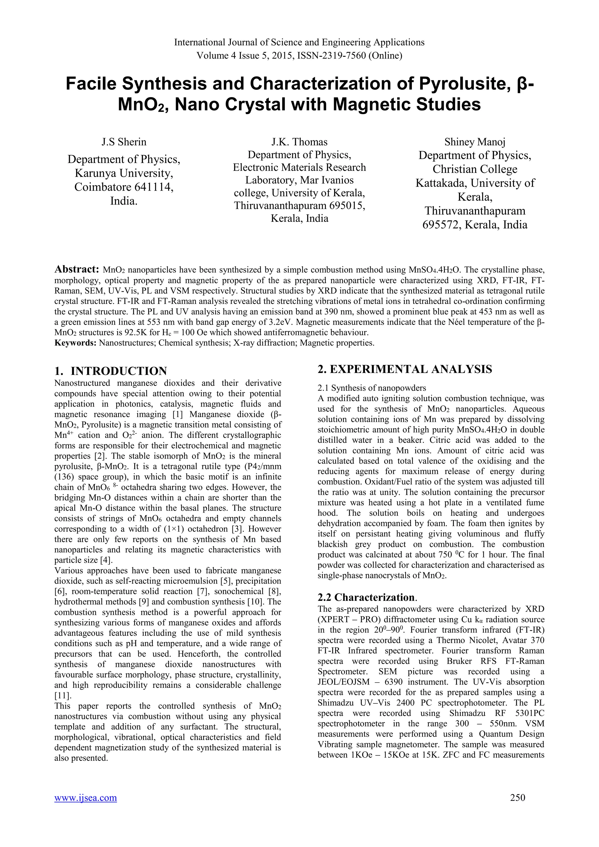 Facile Synthesis and Characterization of Pyrolusite, β-MnO2, Nano ...
