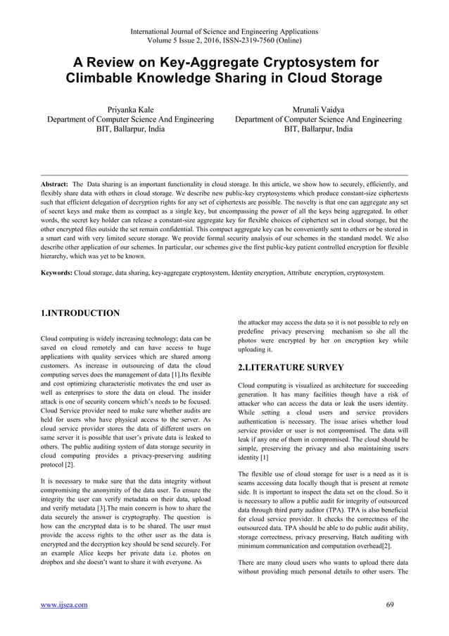 A Review on Key-Aggregate Cryptosystem for Climbable Knowledge Sharing in Cloud Storage | PDF