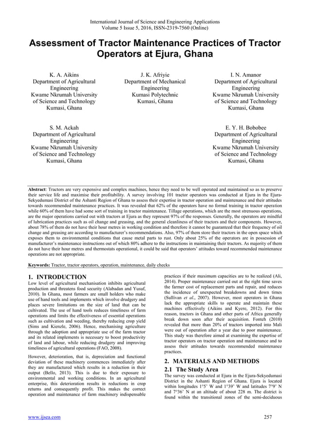 Assessment of Tractor Maintenance Practices of Tractor Operators at ...