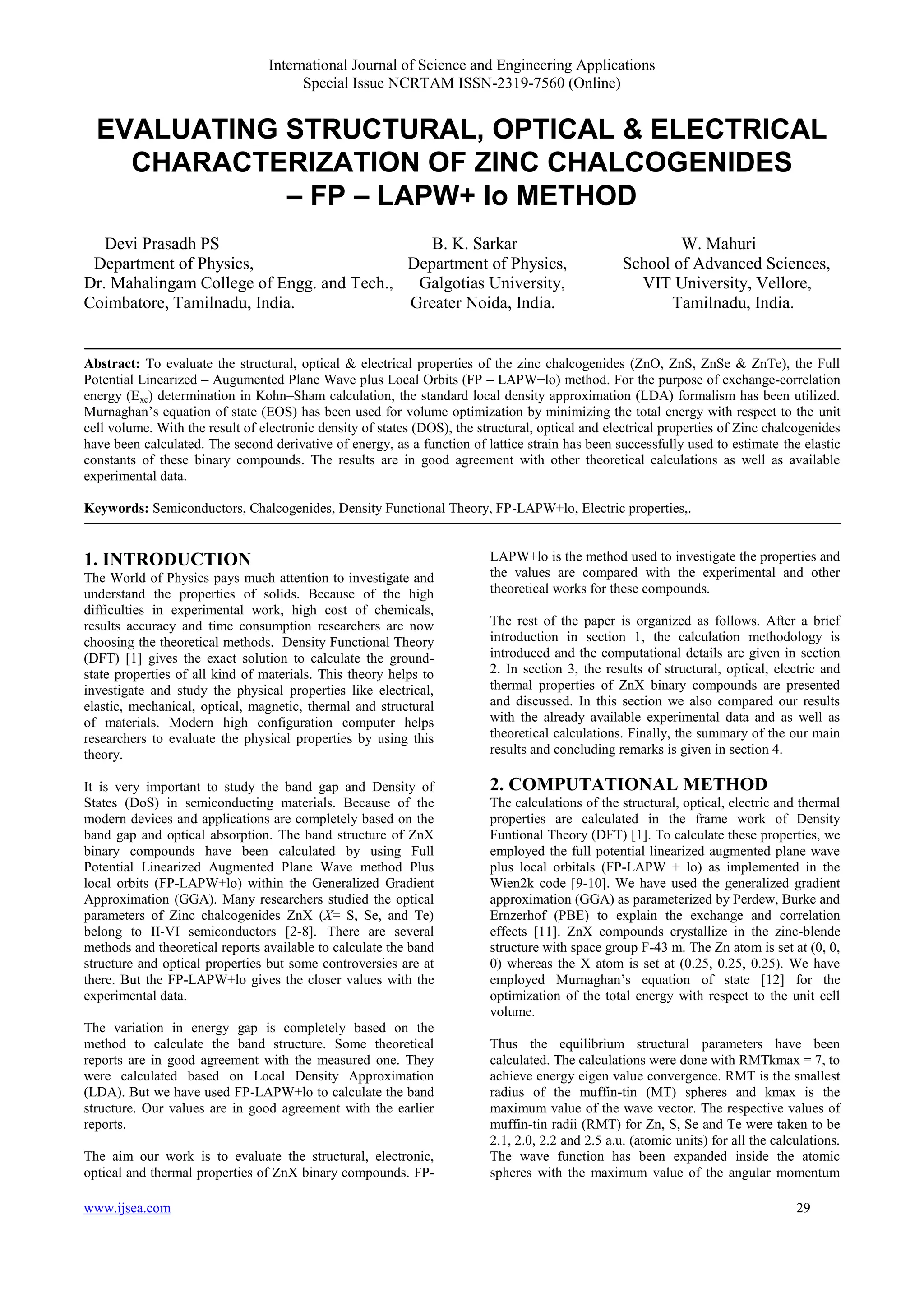 EVALUATING STRUCTURAL, OPTICAL & ELECTRICAL CHARACTERIZATION OF ZINC ...