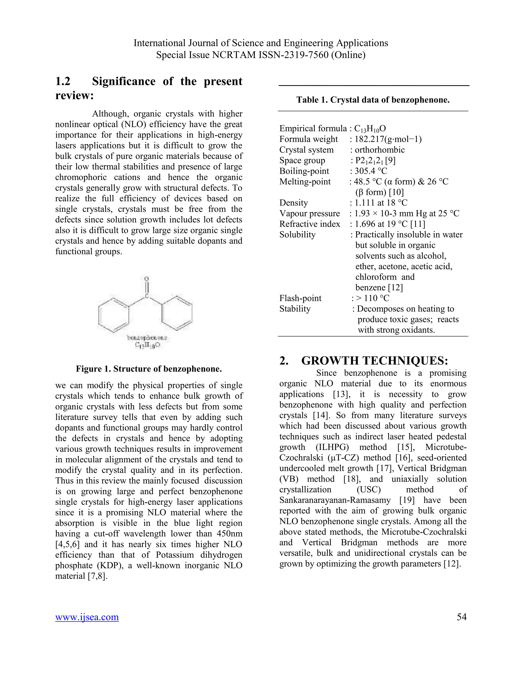 Efficient growth techniques and properties of Benzophenone Single ...