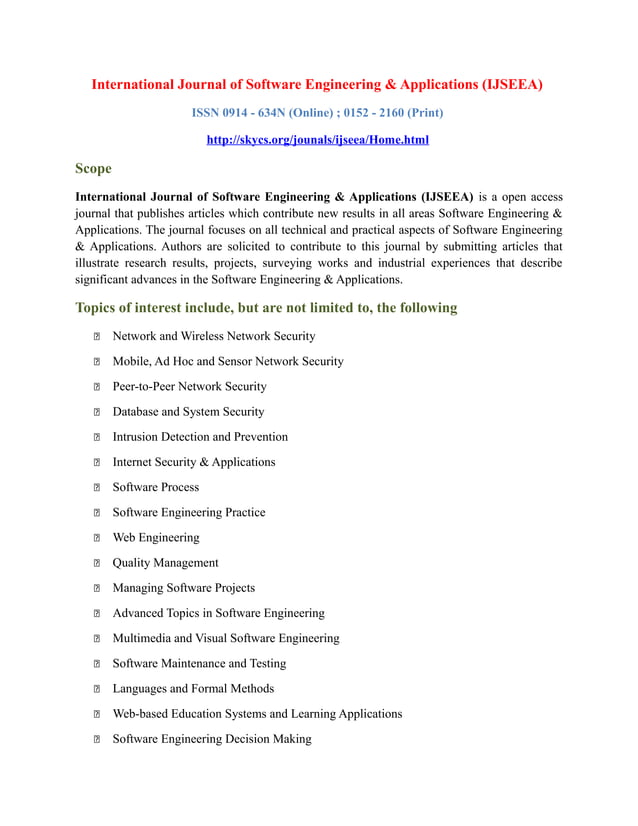 International Journal of Software Engineering & Applications (IJSEEA) | RTF | Internet | Computing