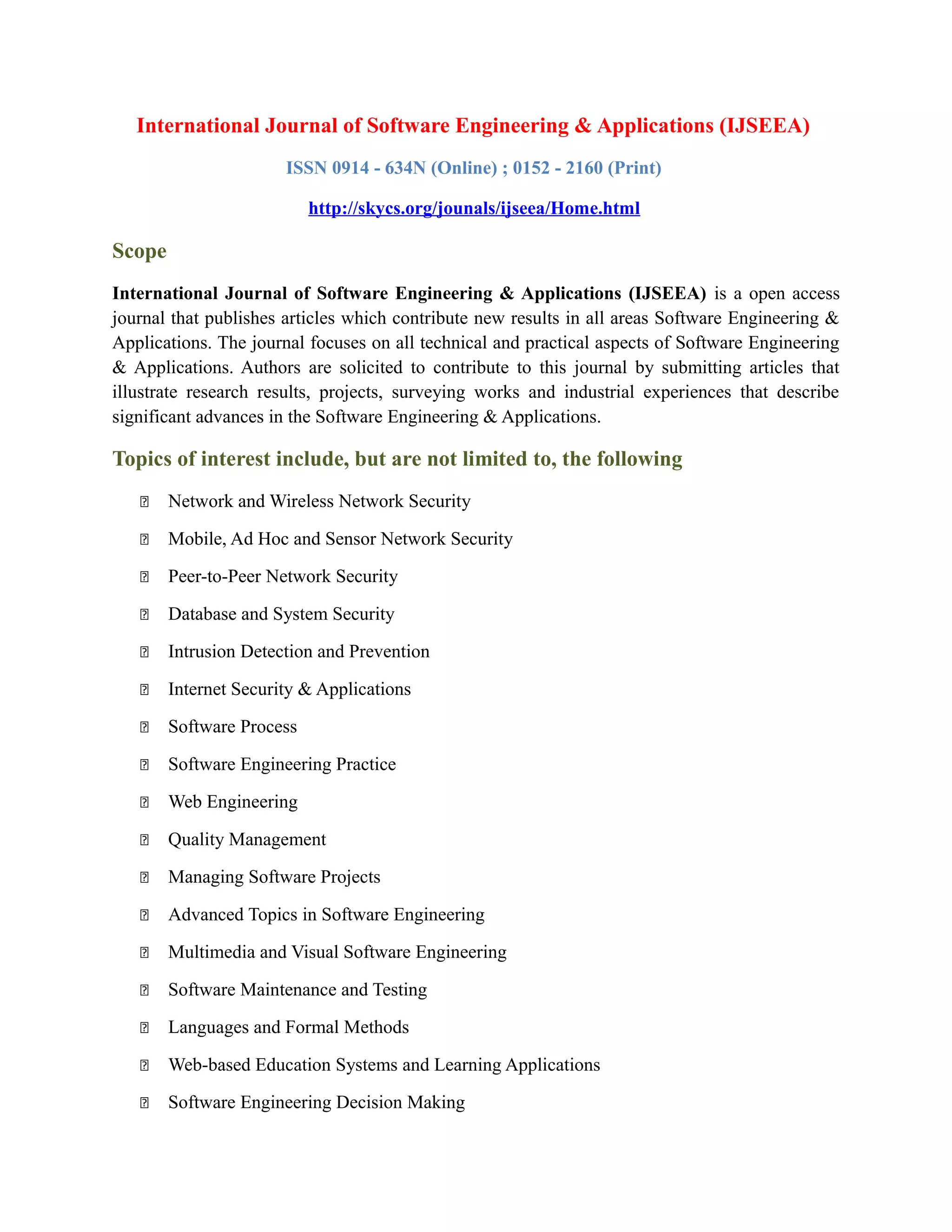 International Journal of Software Engineering & Applications (IJSEEA) | RTF