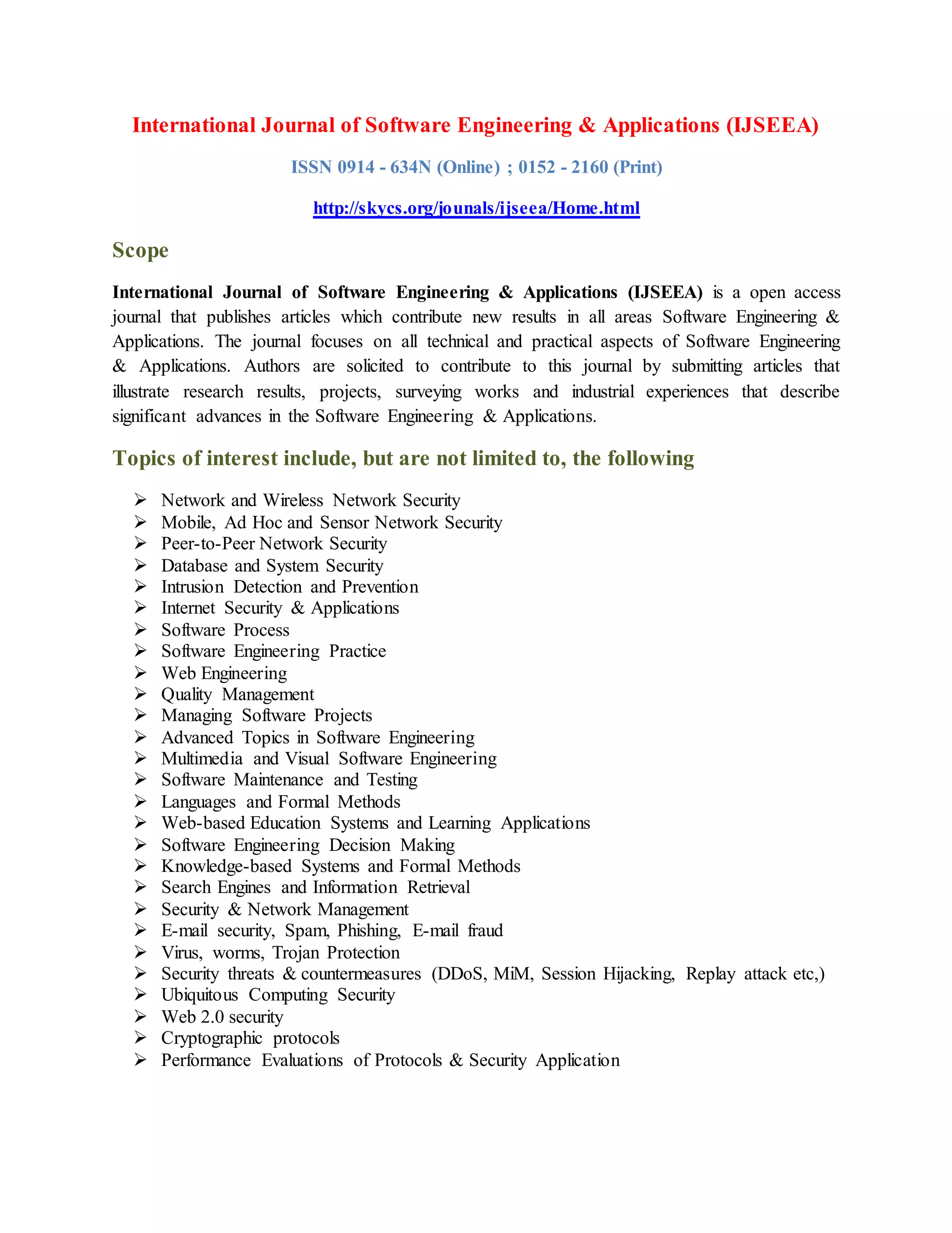 International Journal of Software Engineering & Applications (IJSEA) | DOCX | Internet | Computing