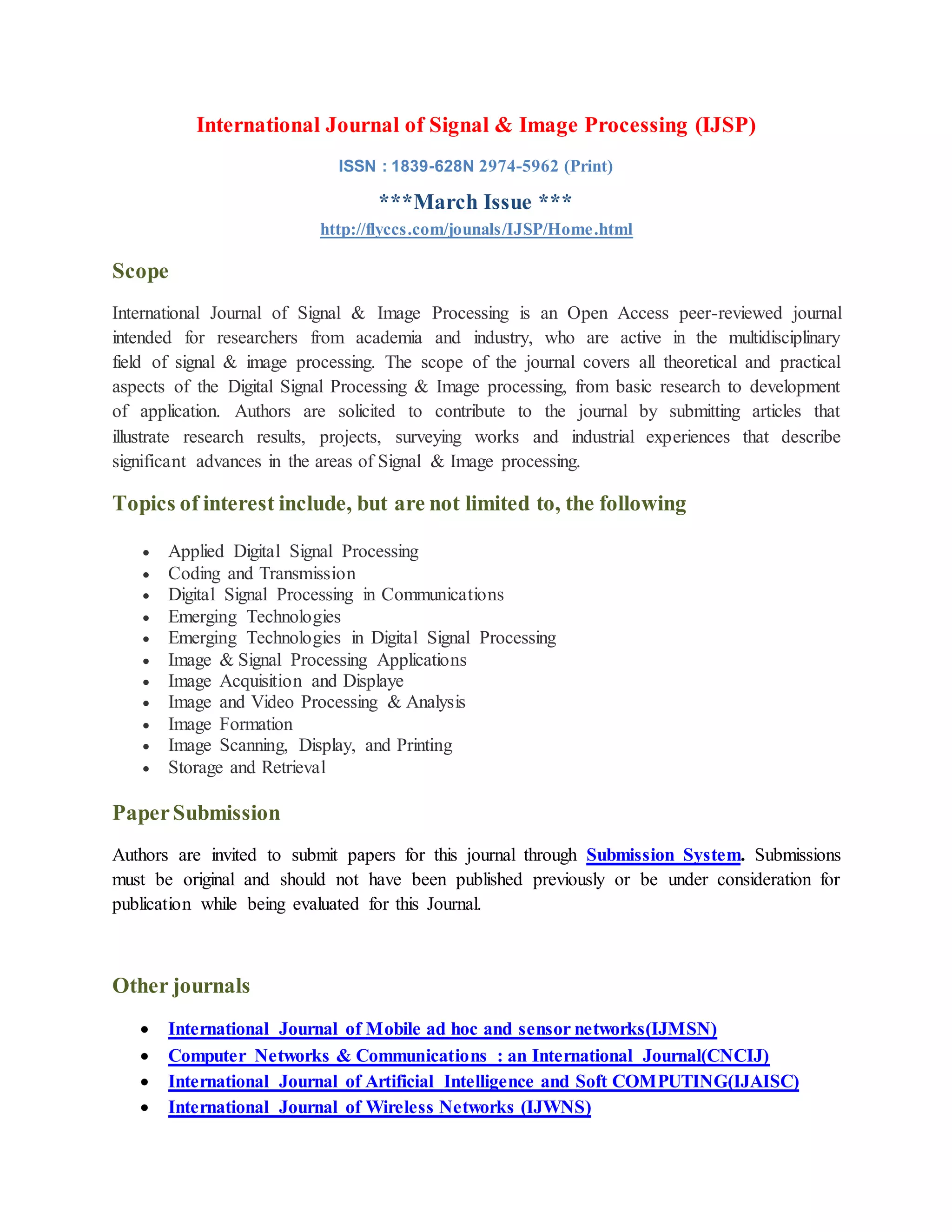 International Journal of Signal & Image Processing (IJSP) | DOCX