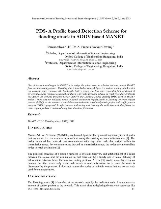 PDS- A Profile based Detection Scheme for flooding attack in AODV based MANET | PDF