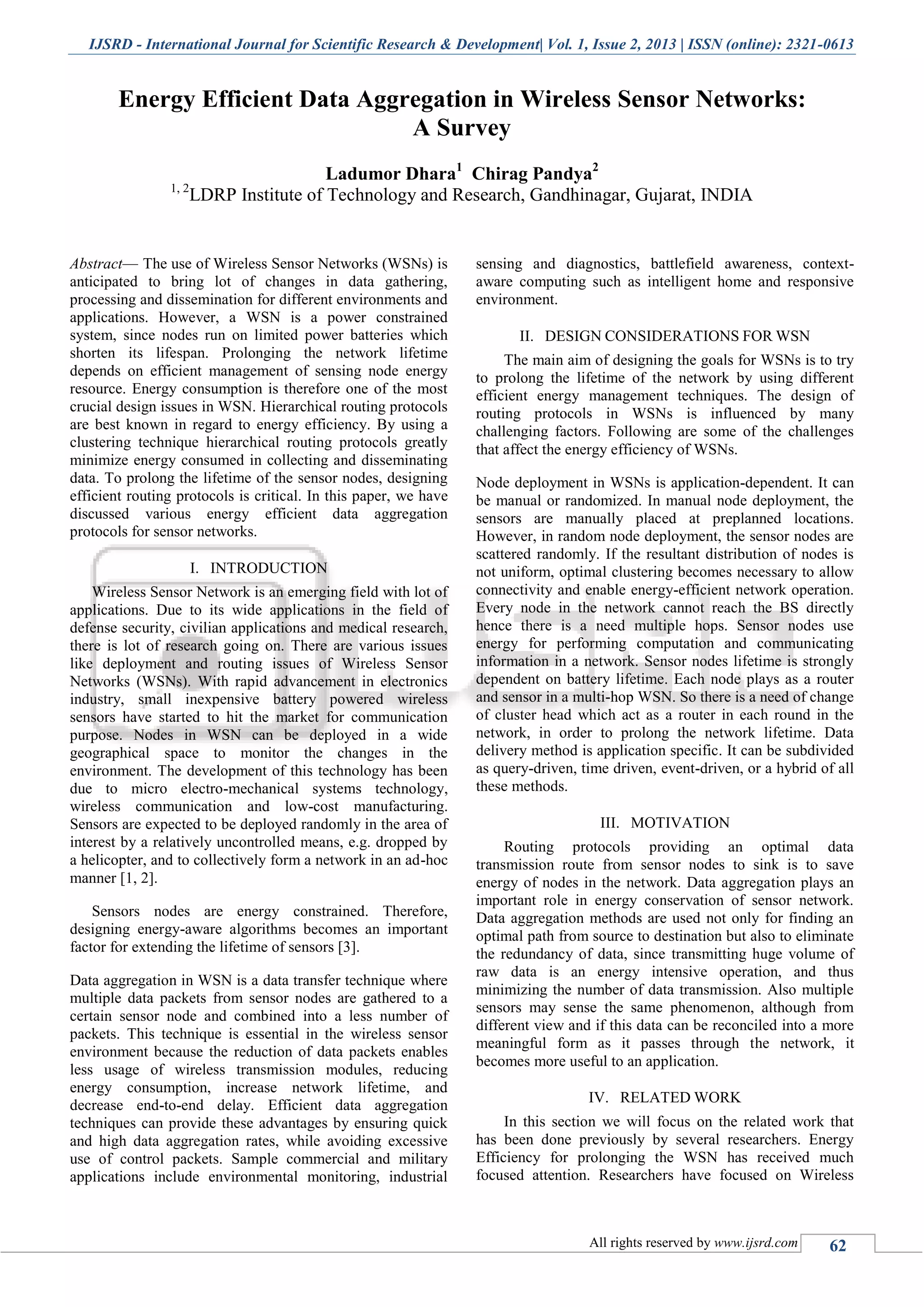 Energy Efficient Data Aggregation In Wireless Sensor Networks A Survey Pdf