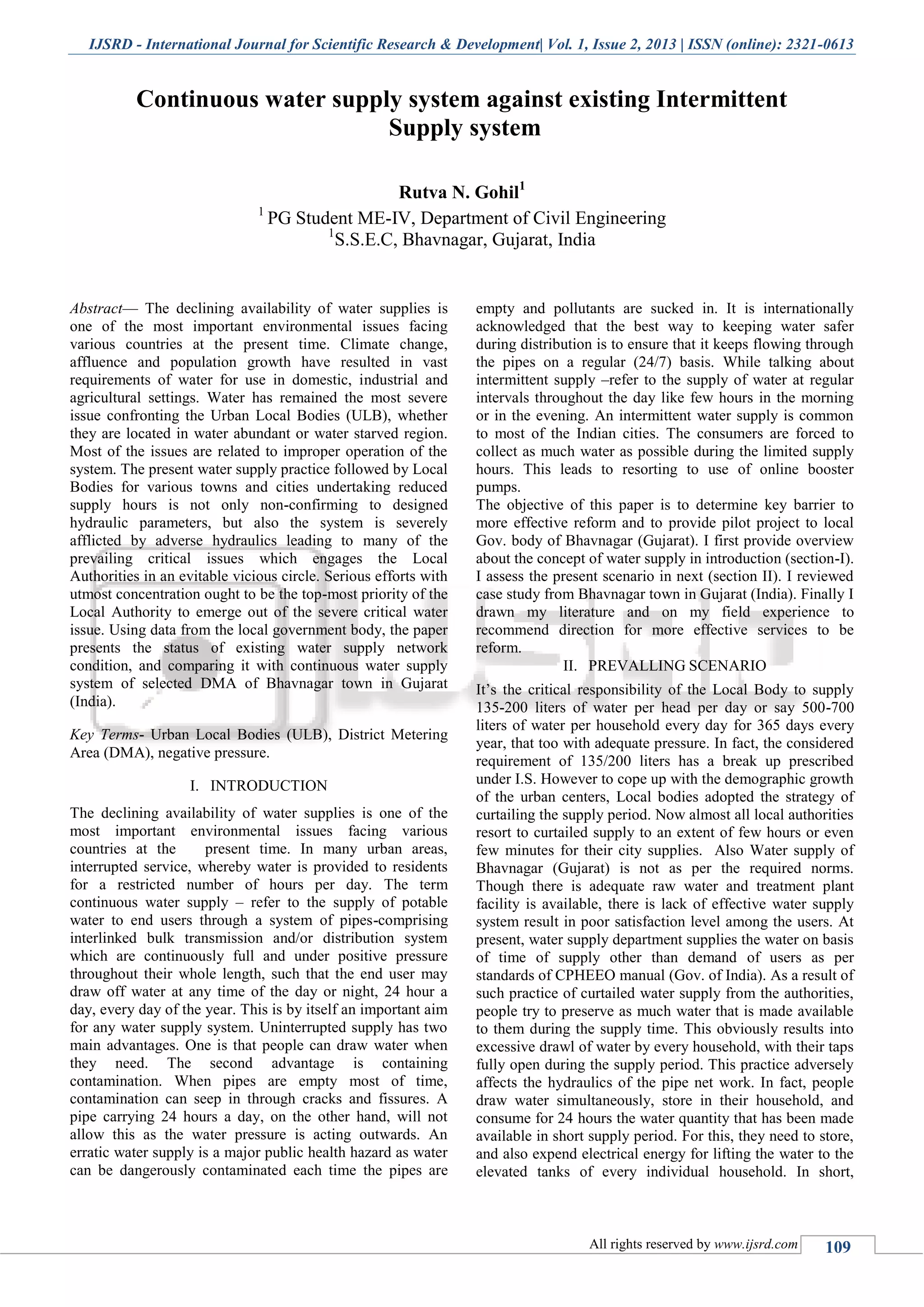 Continuous water supply system against existing Intermittent Supply ...
