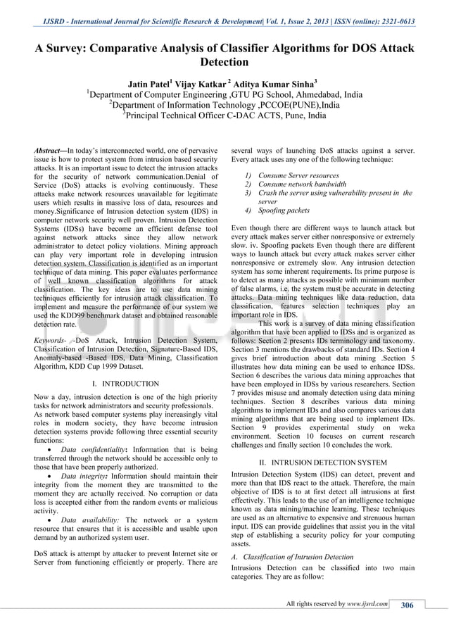 A Survey: Comparative Analysis of Classifier Algorithms for DOS Attack Detection | PDF