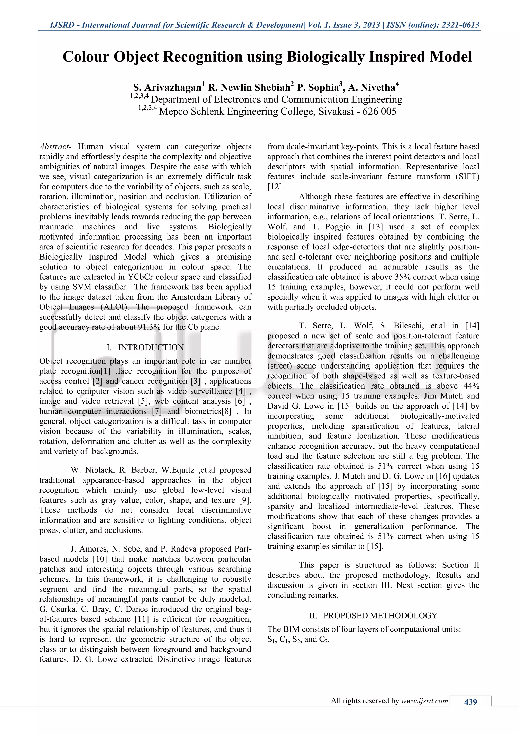 Colour Object Recognition using Biologically Inspired Model | PDF