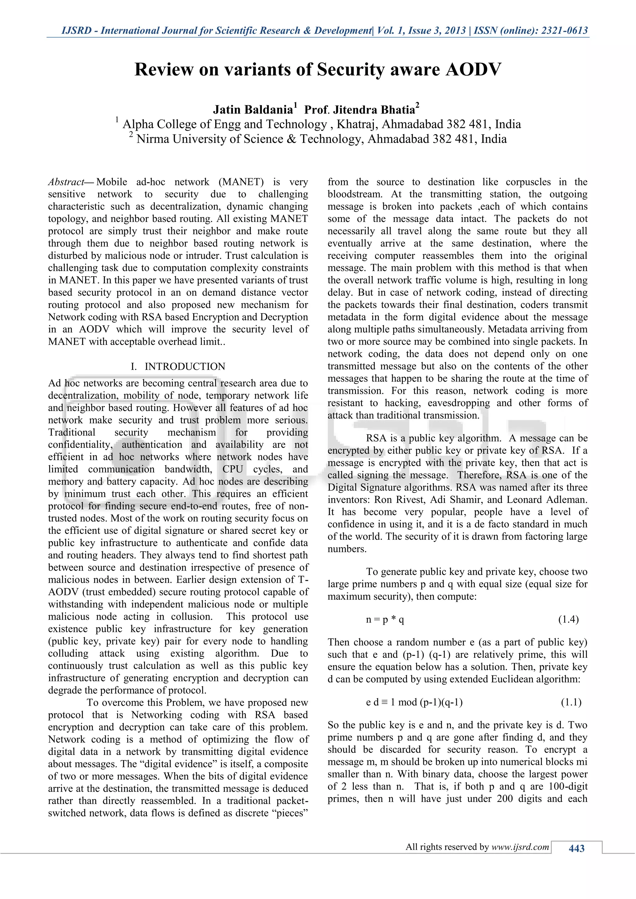 Review on variants of Security aware AODV | PDF