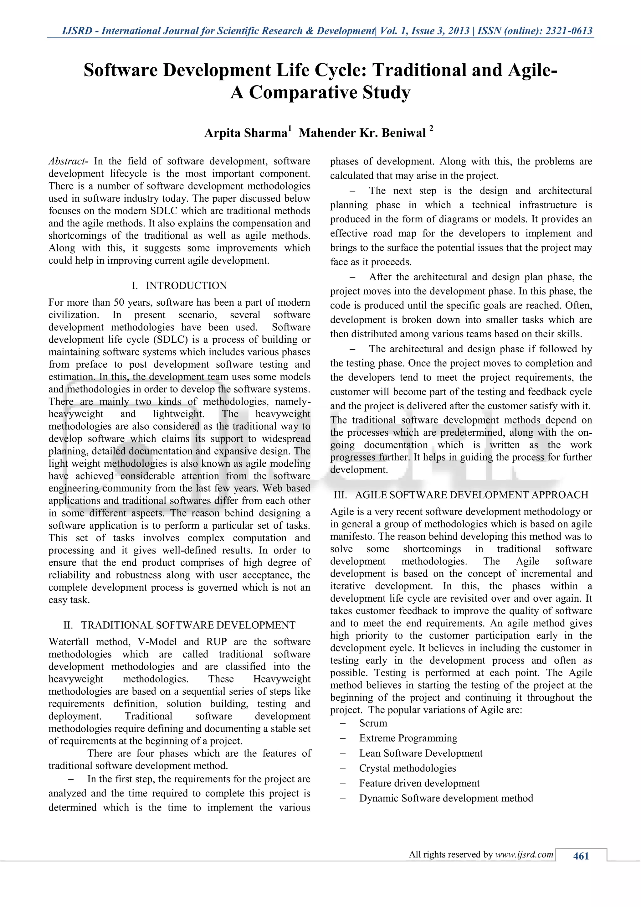 Software Development Life Cycle: Traditional and Agile- A Comparative Study | PDF