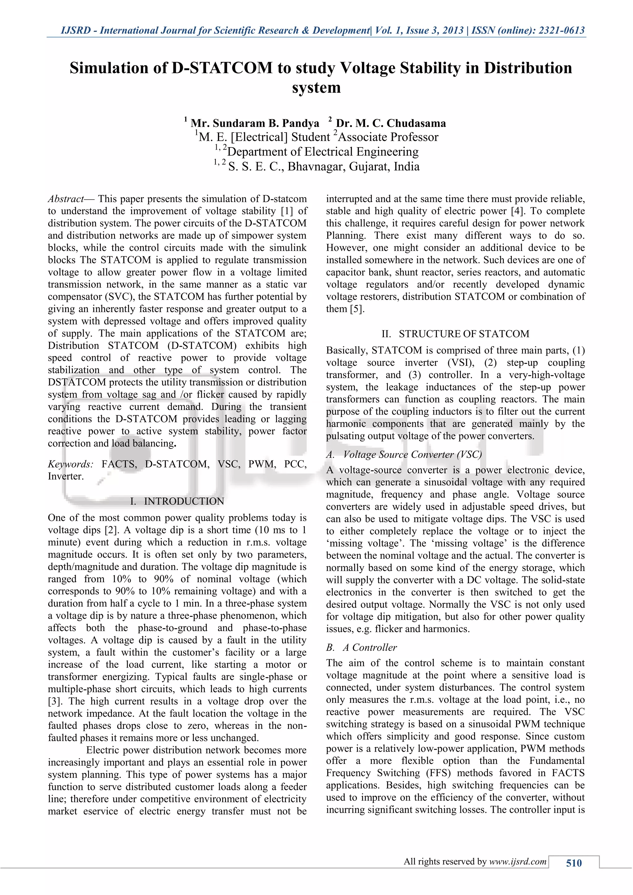 Simulation of D-STATCOM to study Voltage Stability in Distribution system | PDF