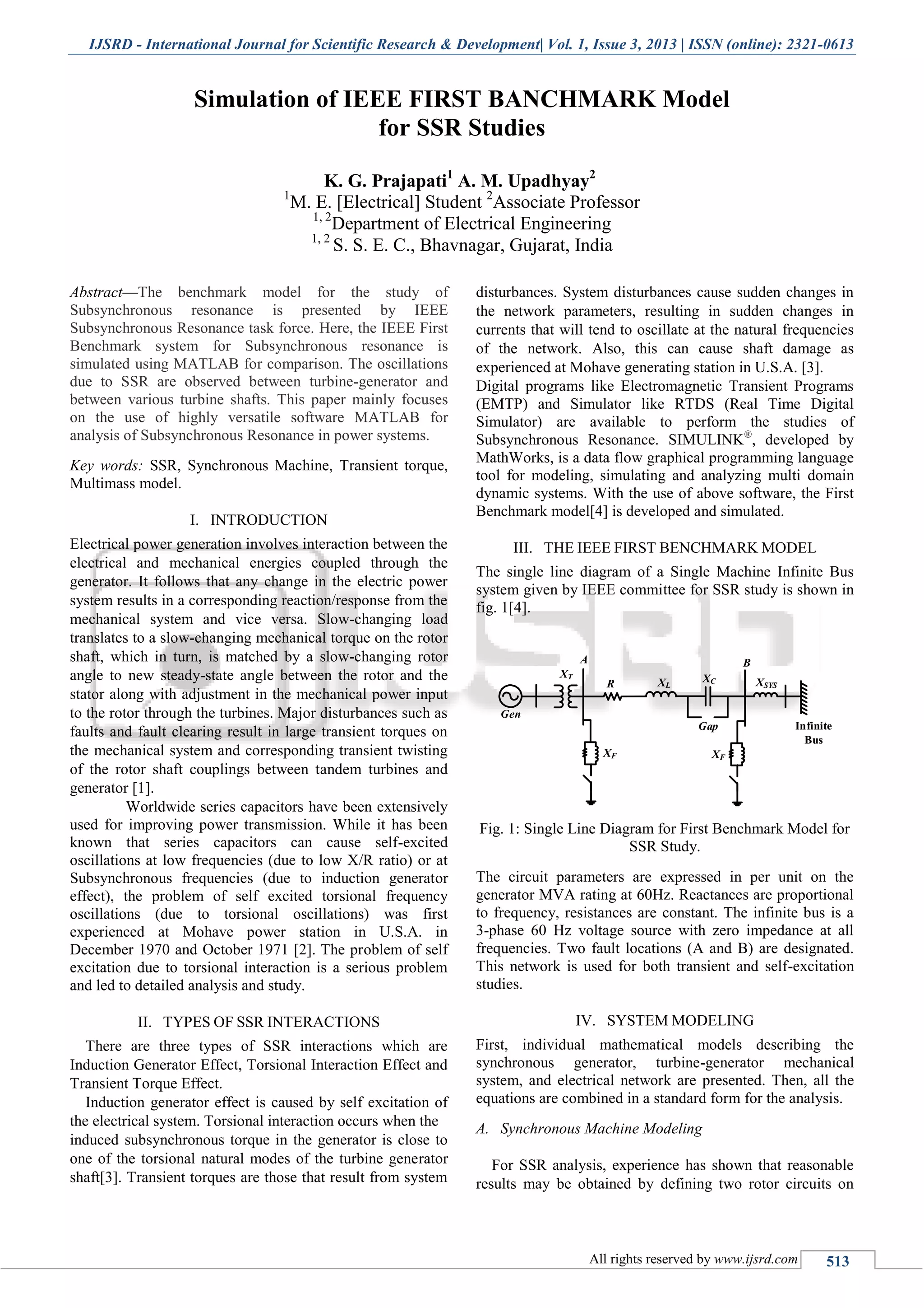 Simulation of IEEE FIRST BANCHMARK Model for SSR Studies | PDF