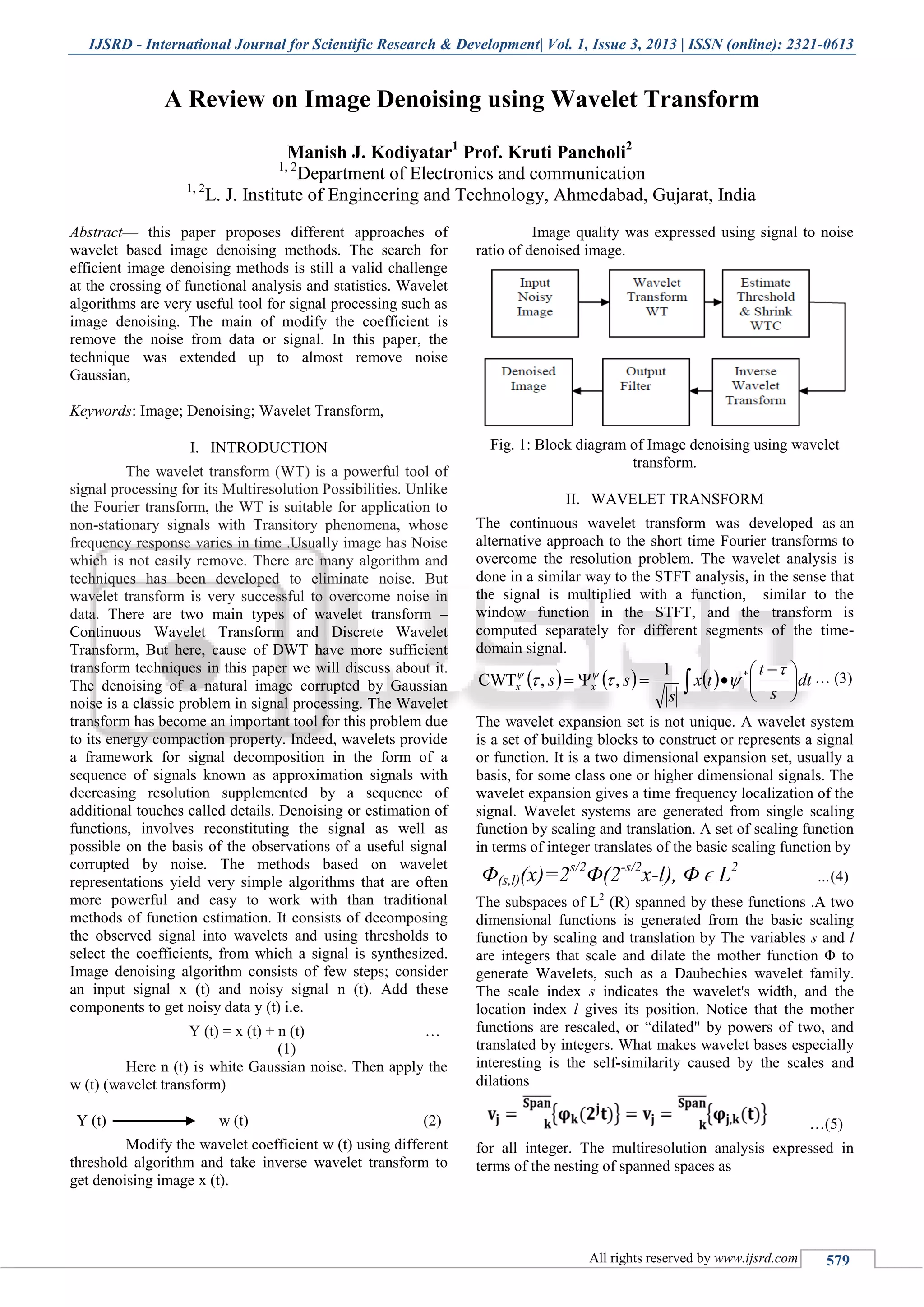 A Review on Image Denoising using Wavelet Transform | PDF