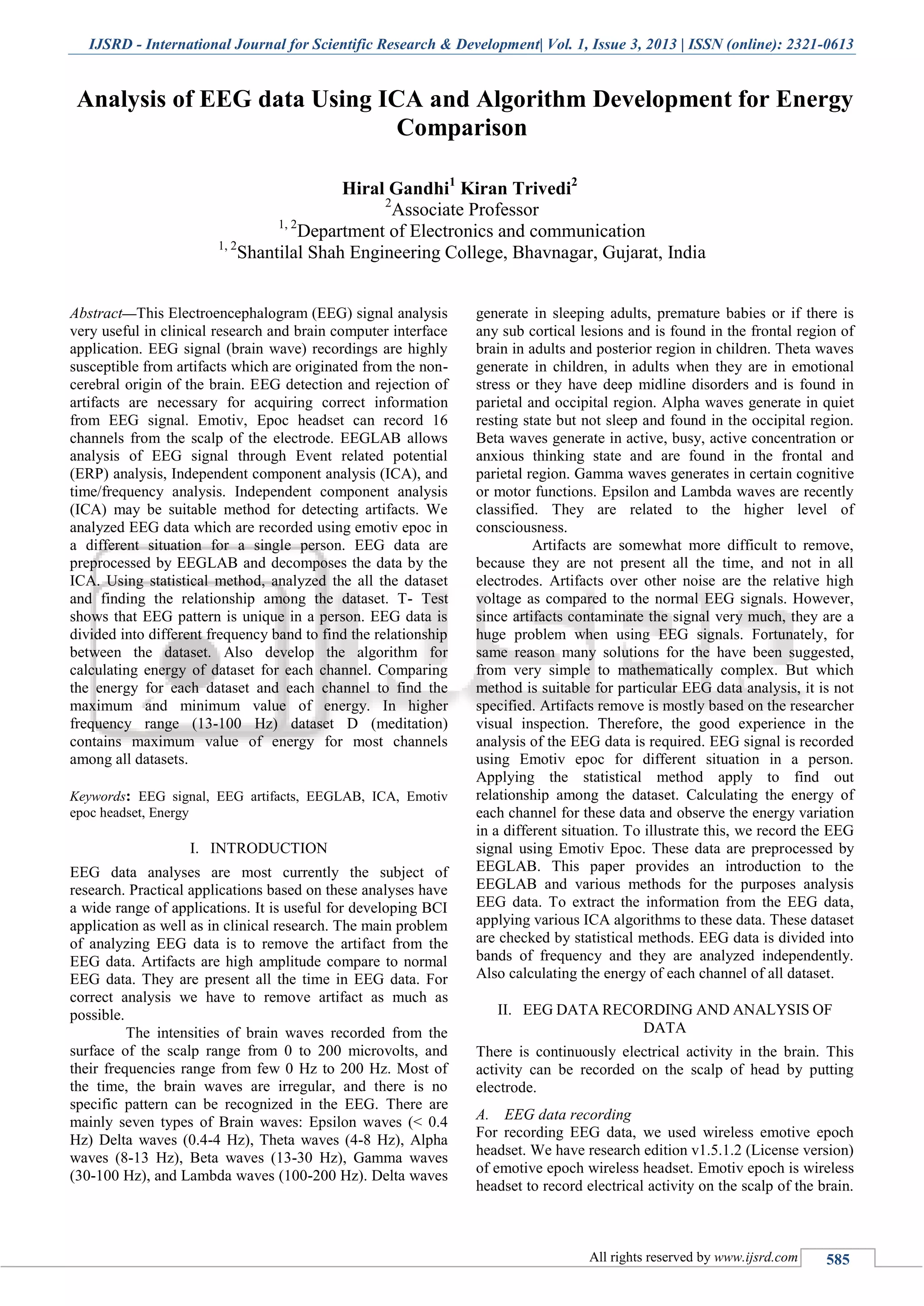 Analysis of EEG data Using ICA and Algorithm Development for Energy Comparison | PDF