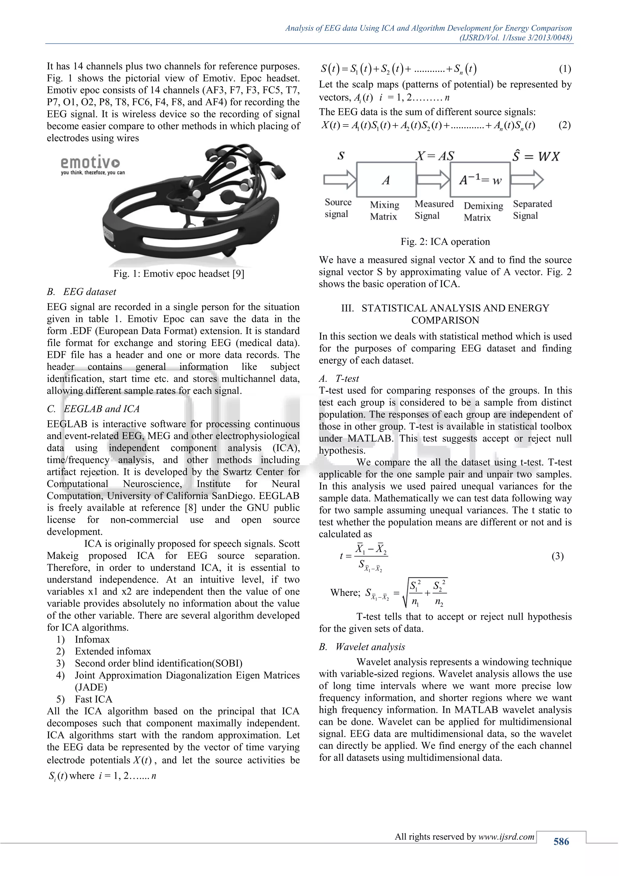 Analysis of EEG data Using ICA and Algorithm Development for Energy Comparison | PDF
