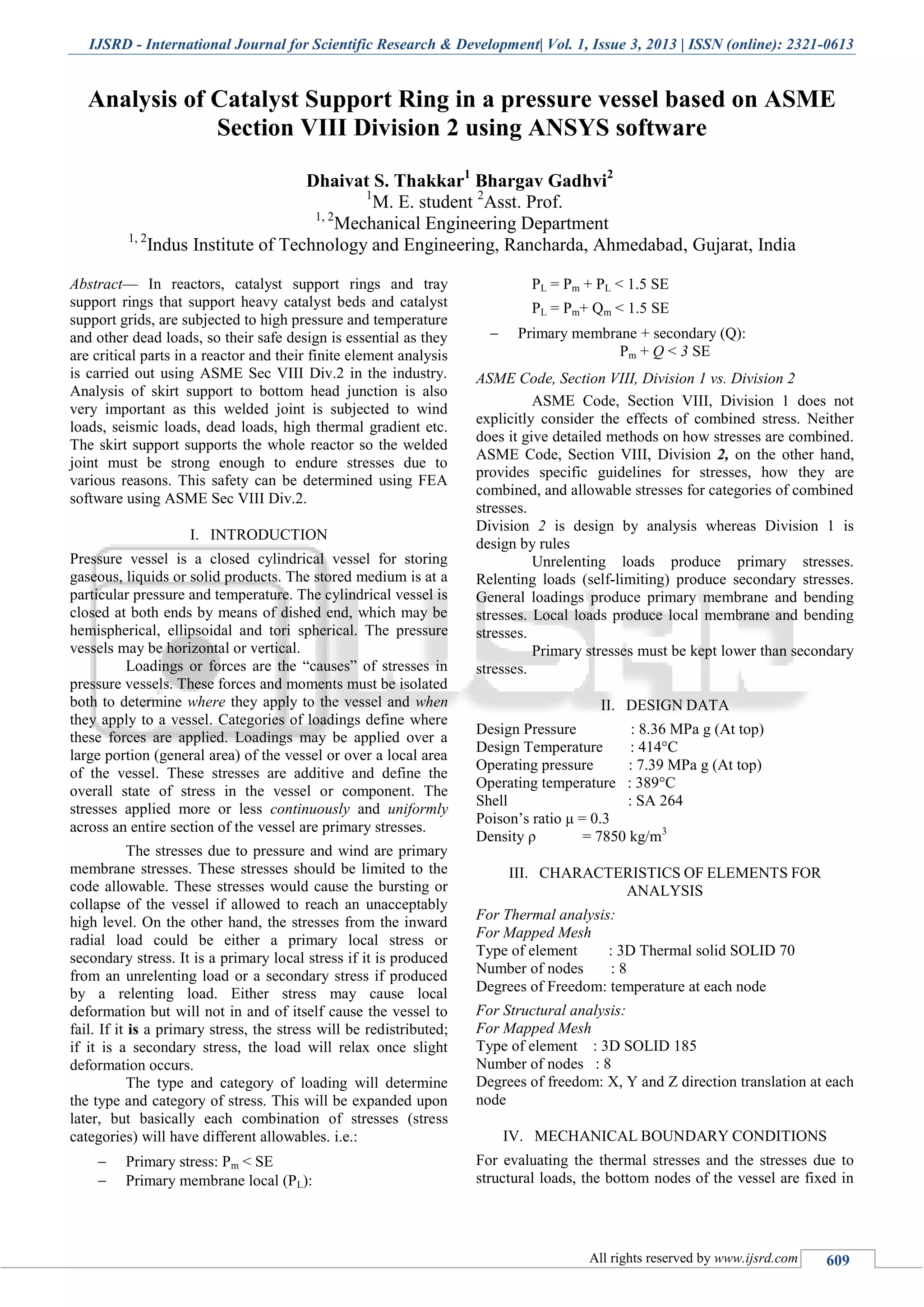Analysis of Catalyst Support Ring in a pressure vessel based on ASME ...