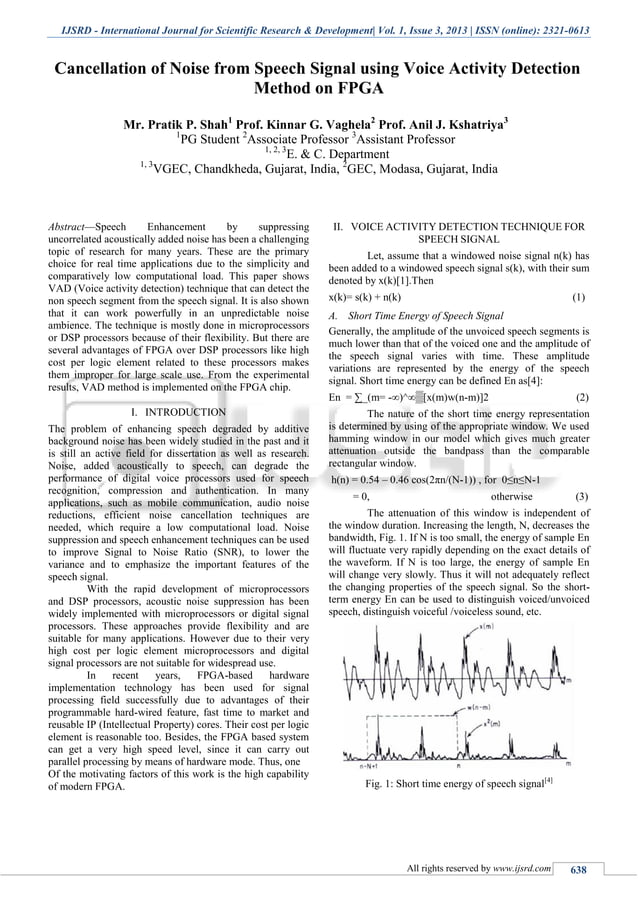 Cancellation of Noise from Speech Signal using Voice Activity Detection Method on FPGA | PDF