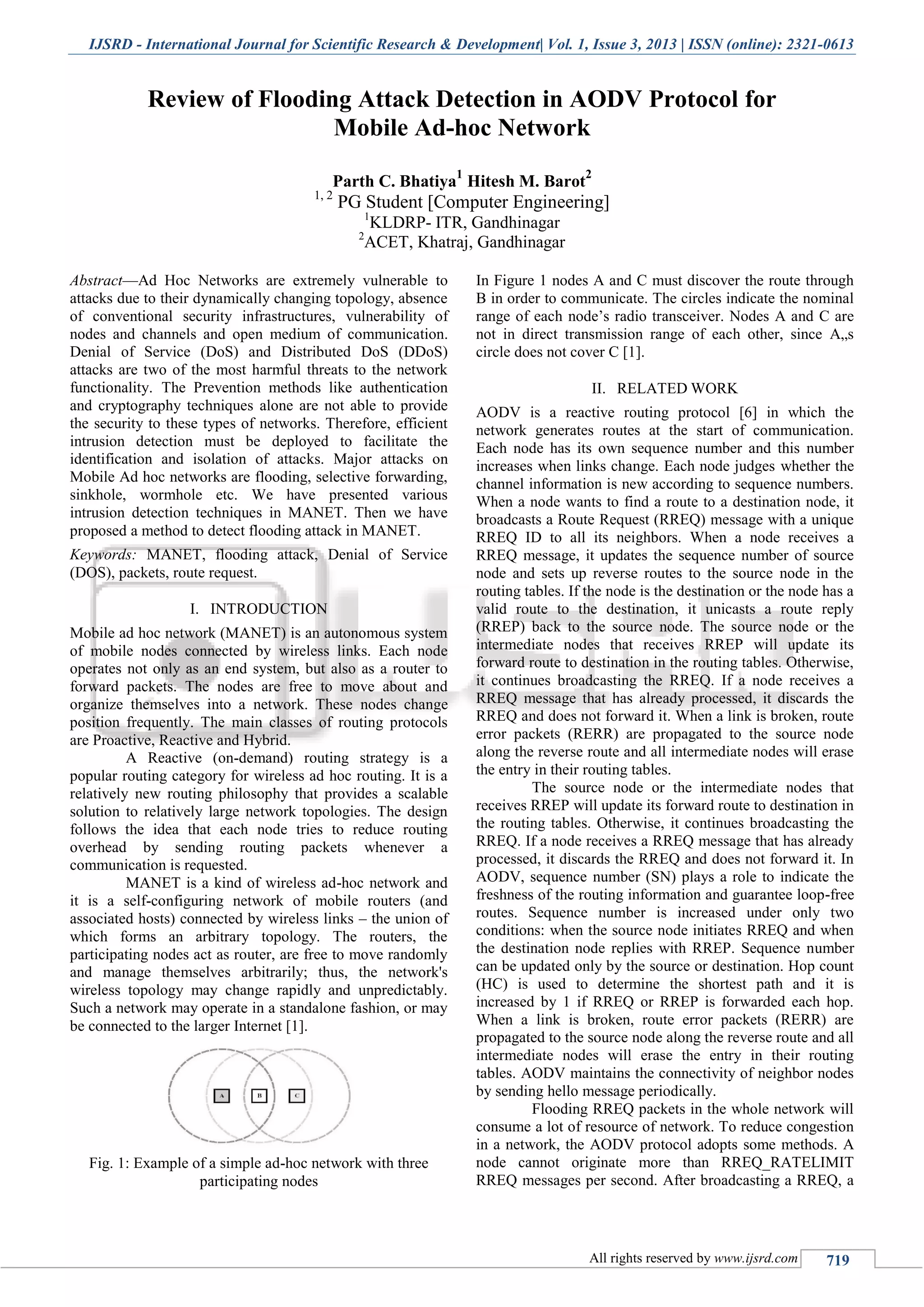 Review of Flooding Attack Detection in AODV Protocol for Mobile Ad-hoc Network | PDF