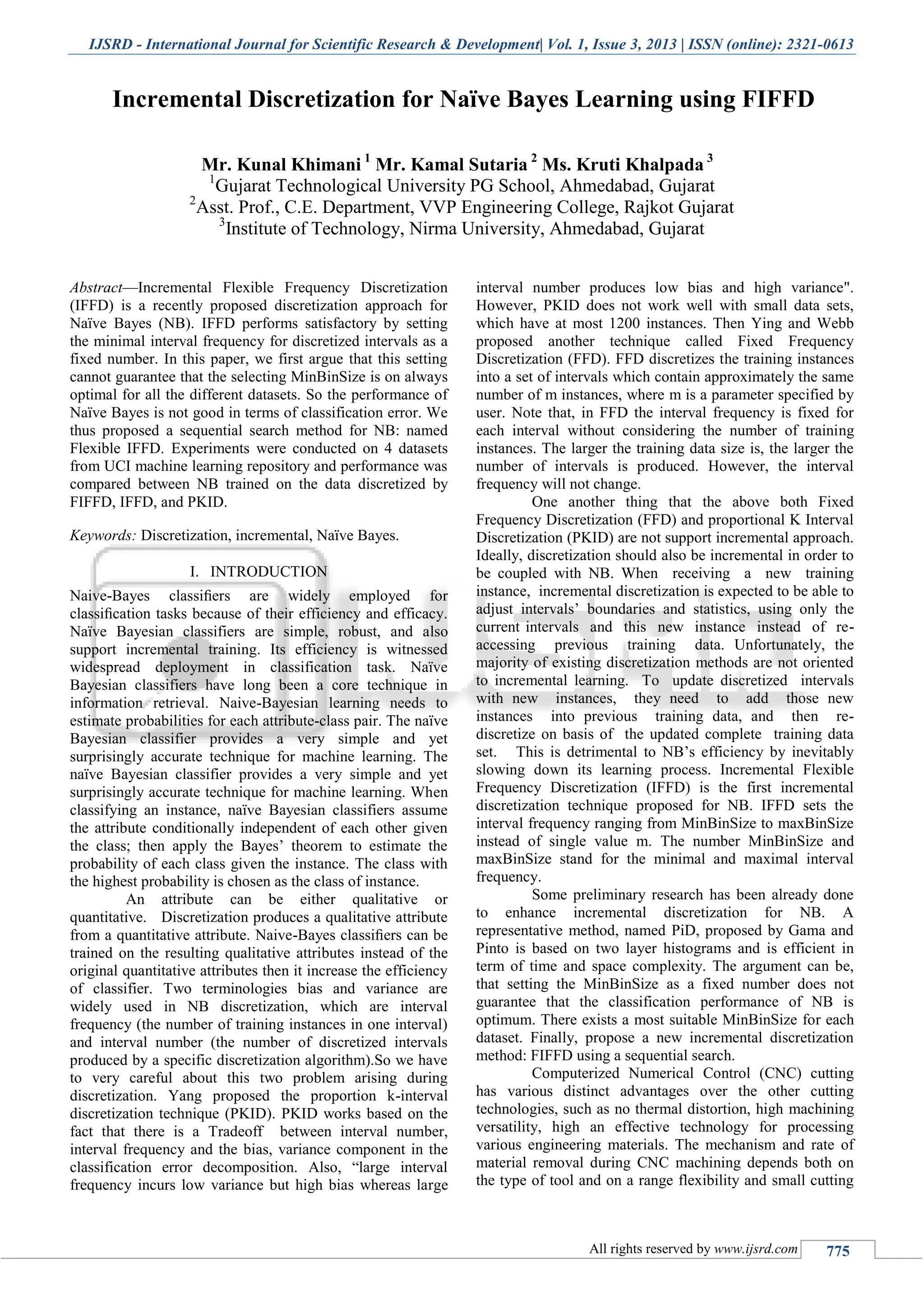 Incremental Discretization for Naive Bayes Learning using FIFFD | PDF