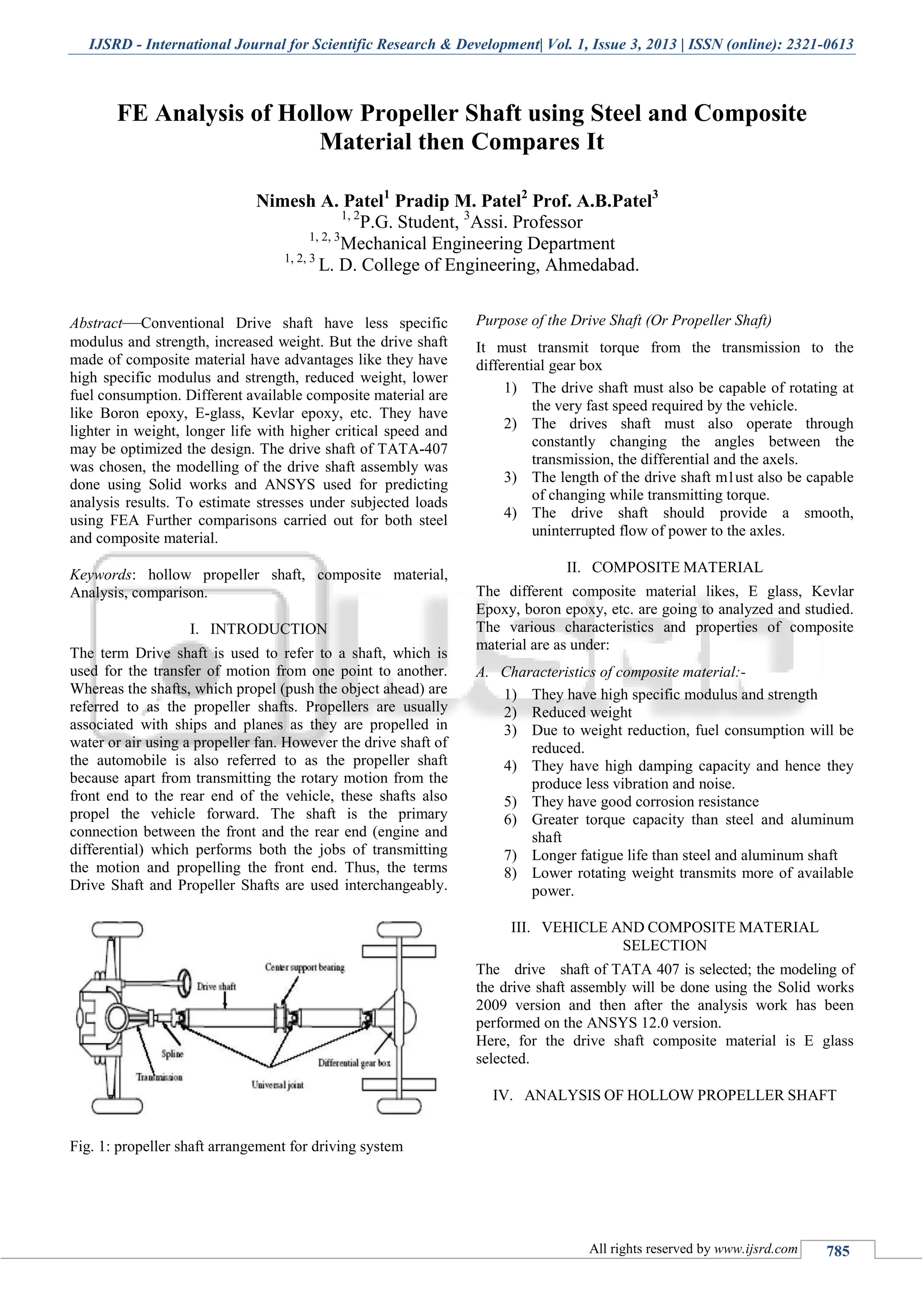 FE Analysis of Hollow Propeller Shaft using Steel and Composite Material then Compares It | PDF