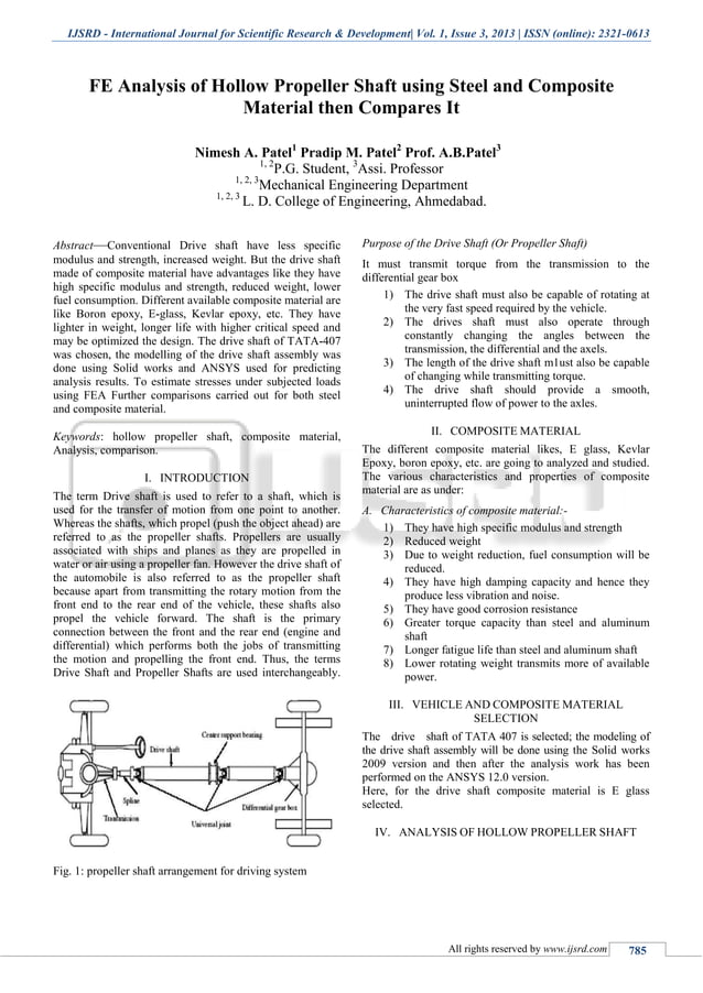 FE Analysis of Hollow Propeller Shaft using Steel and Composite Material then Compares It | PDF