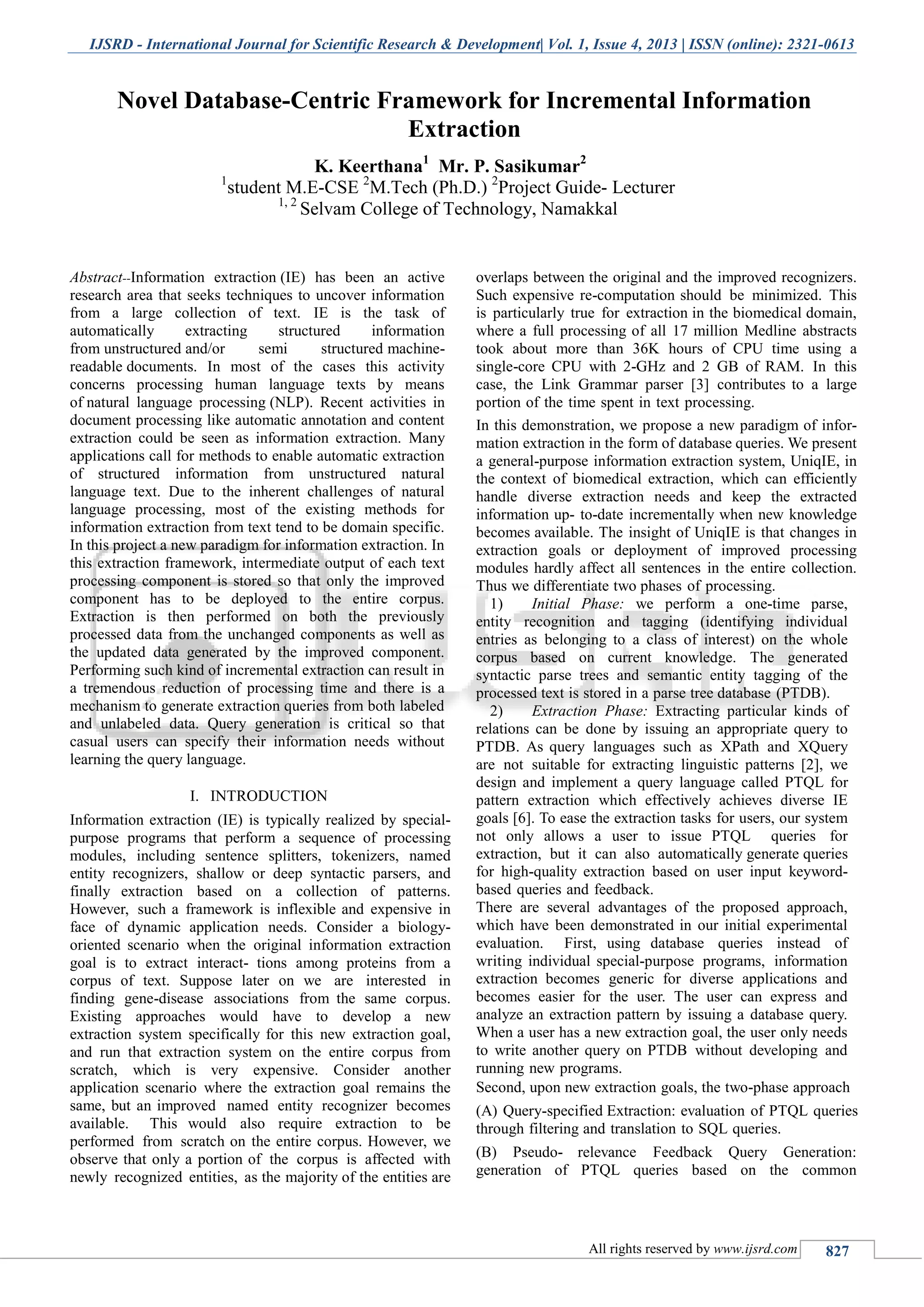 Novel Database-Centric Framework for Incremental Information Extraction ... Novel Database-Centric Framework for Incremental Information Extraction ...