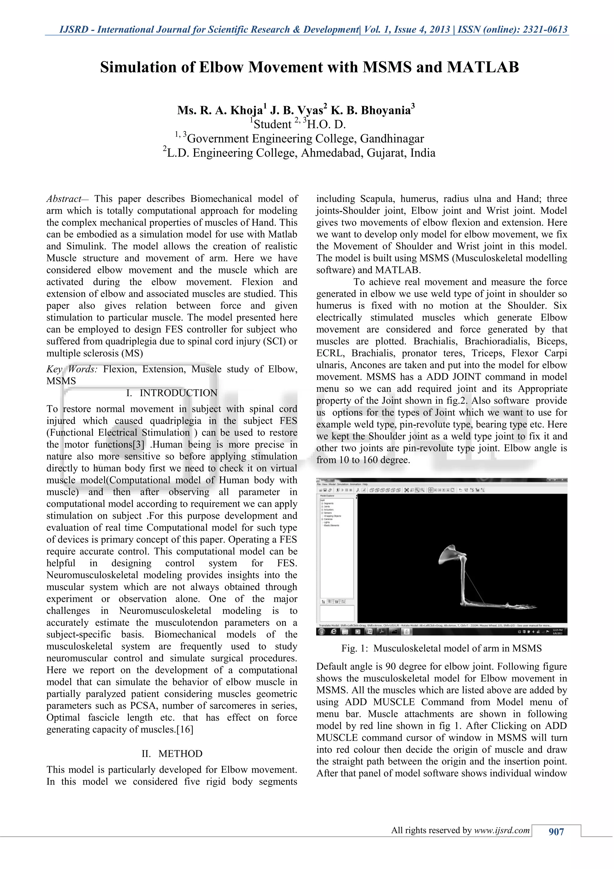 Simulation of Elbow Movement with MSMS and MATLAB | PDF