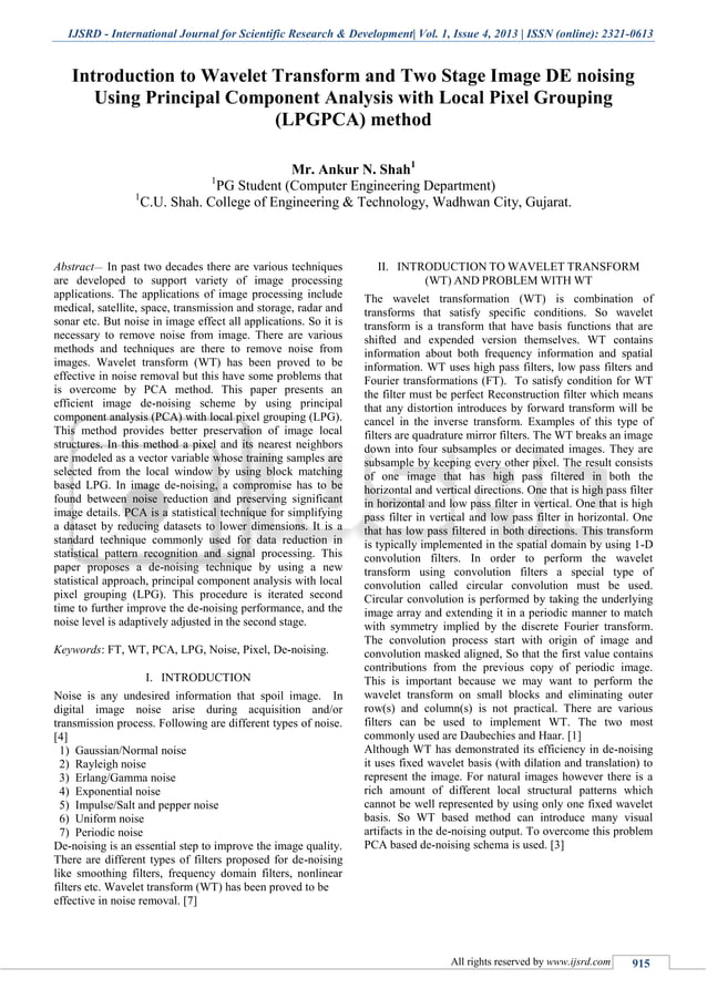 Introduction to Wavelet Transform and Two Stage Image DE noising Using Principal Component ...