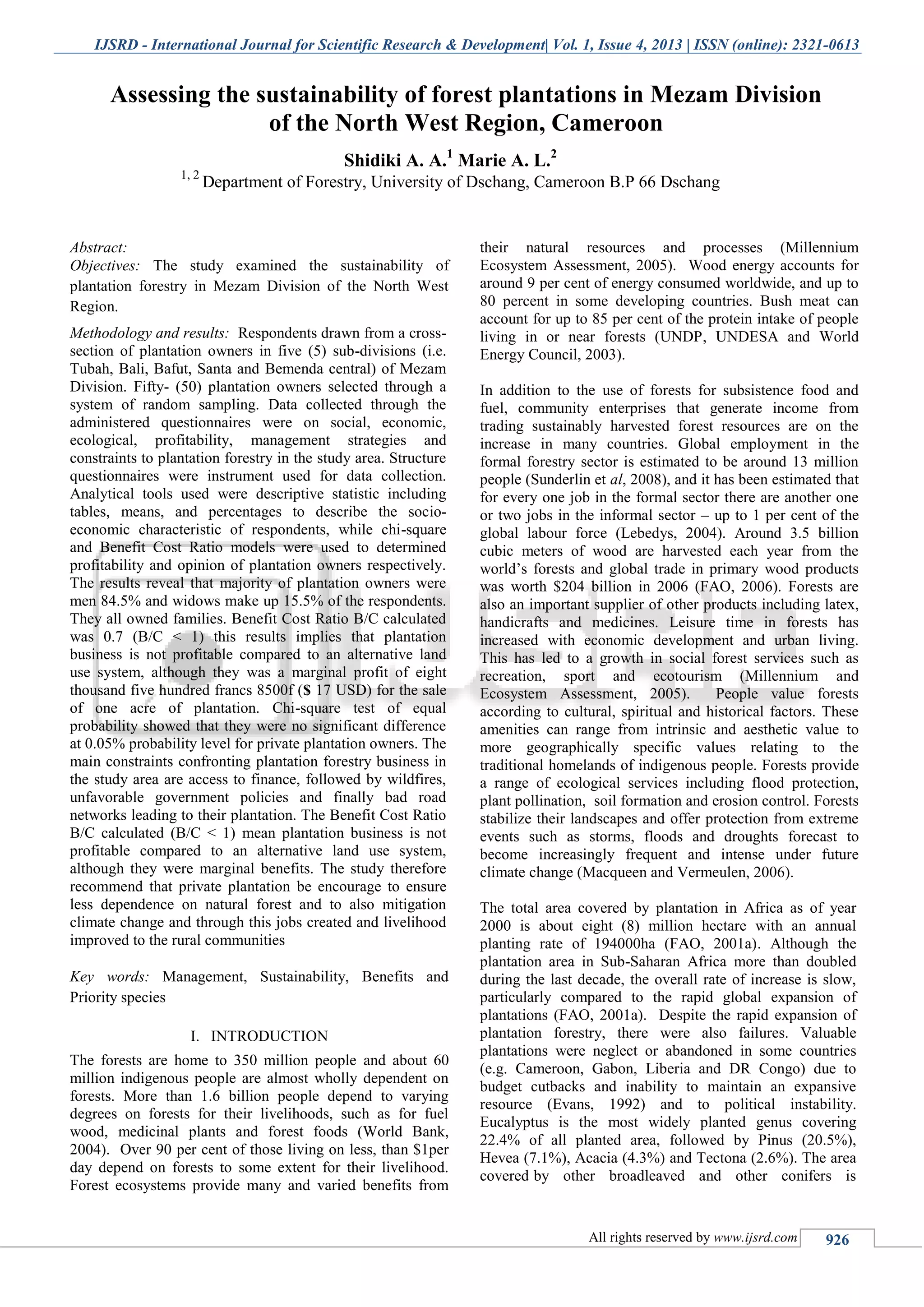 Assessing the sustainability of forest plantations in Mezam Division of ...