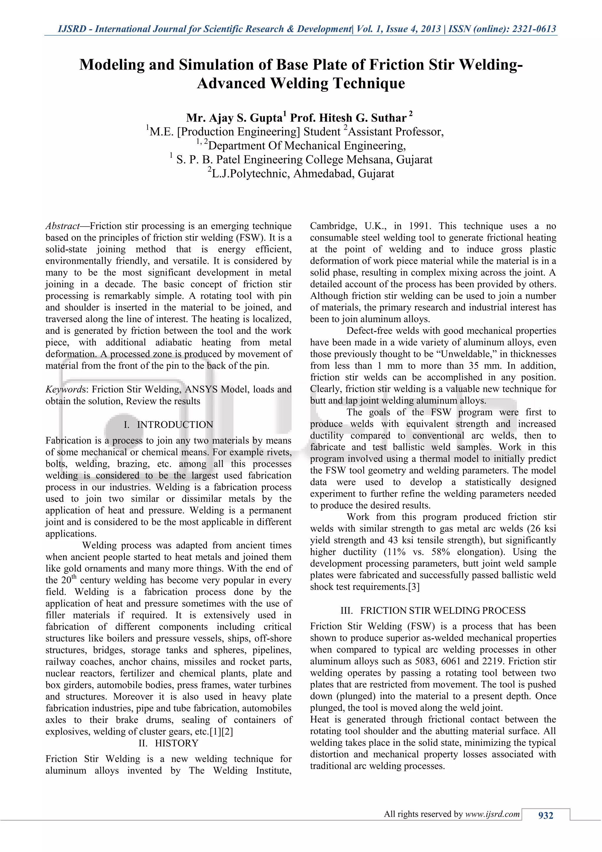 Modeling and Simulation of Base Plate of Friction Stir Welding-Advanced Welding Technique | PDF