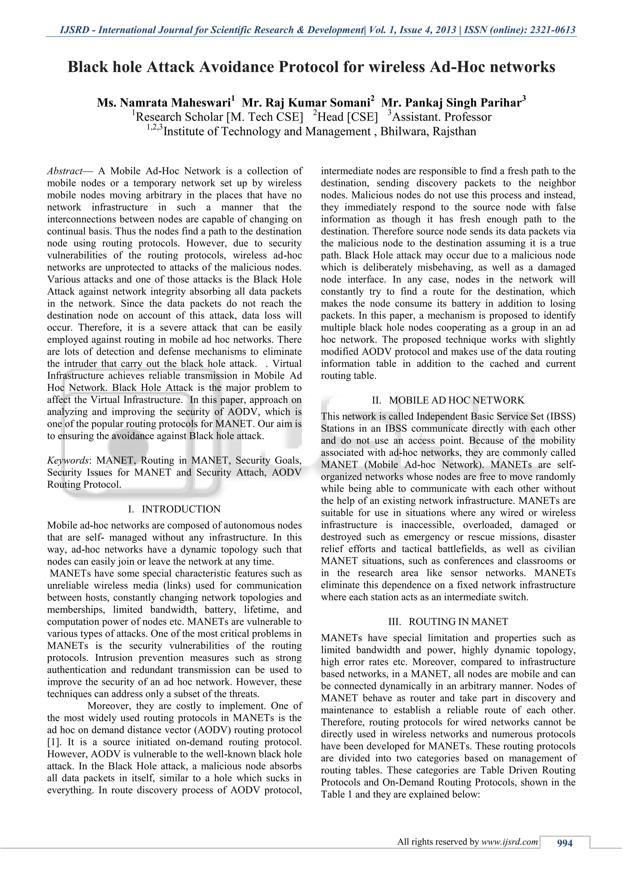 Black hole Attack Avoidance Protocol for wireless Ad-Hoc networks | PDF